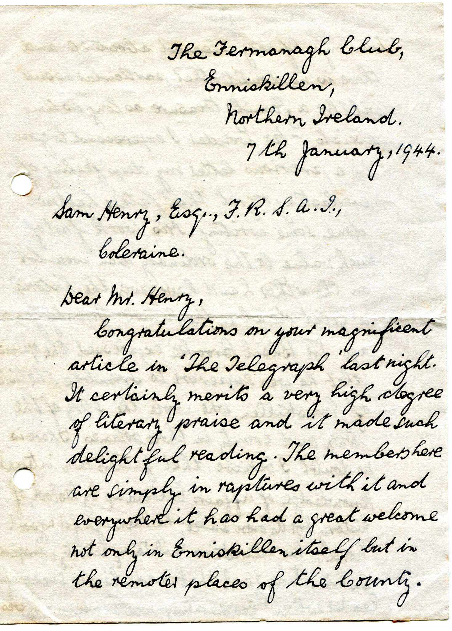 Page 1 of 2. Handwritten letter to Sam Henry. Congratulates Sam on his ...