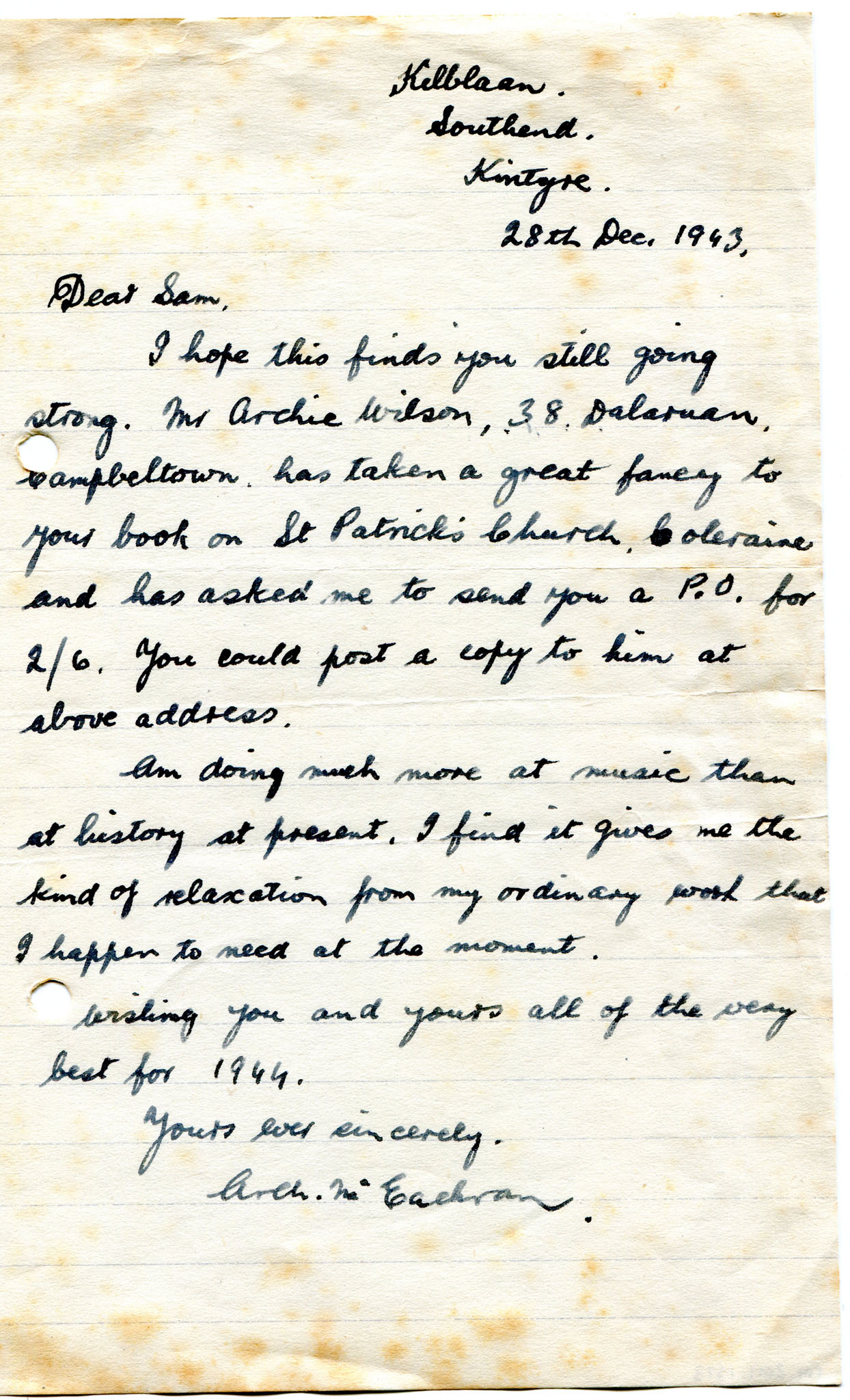 Handwritten letter to ‘Dear Sam’. Lets Sam know Mr Archie Wilson of ...