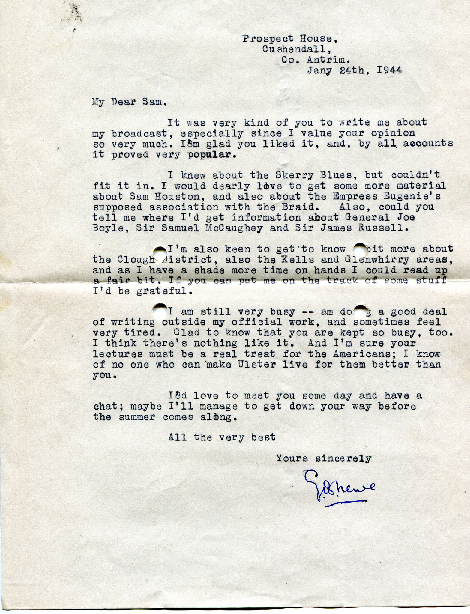 Typed letter to ‘My Dear Sam’. Sam had praised his broadcast which ...