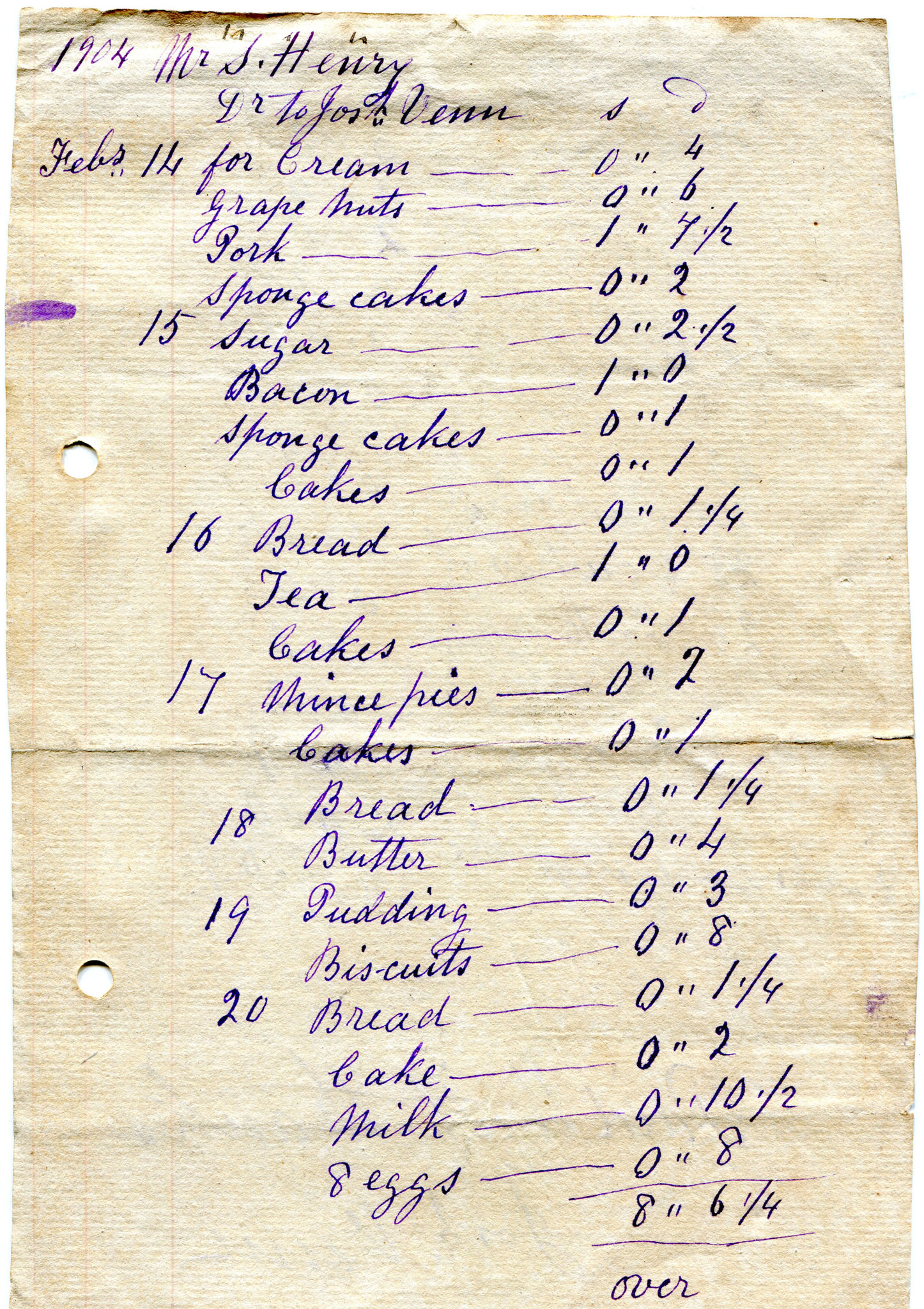 Handwritten invoice to Mr S. Henry for groceries. Dated from 14th to ...