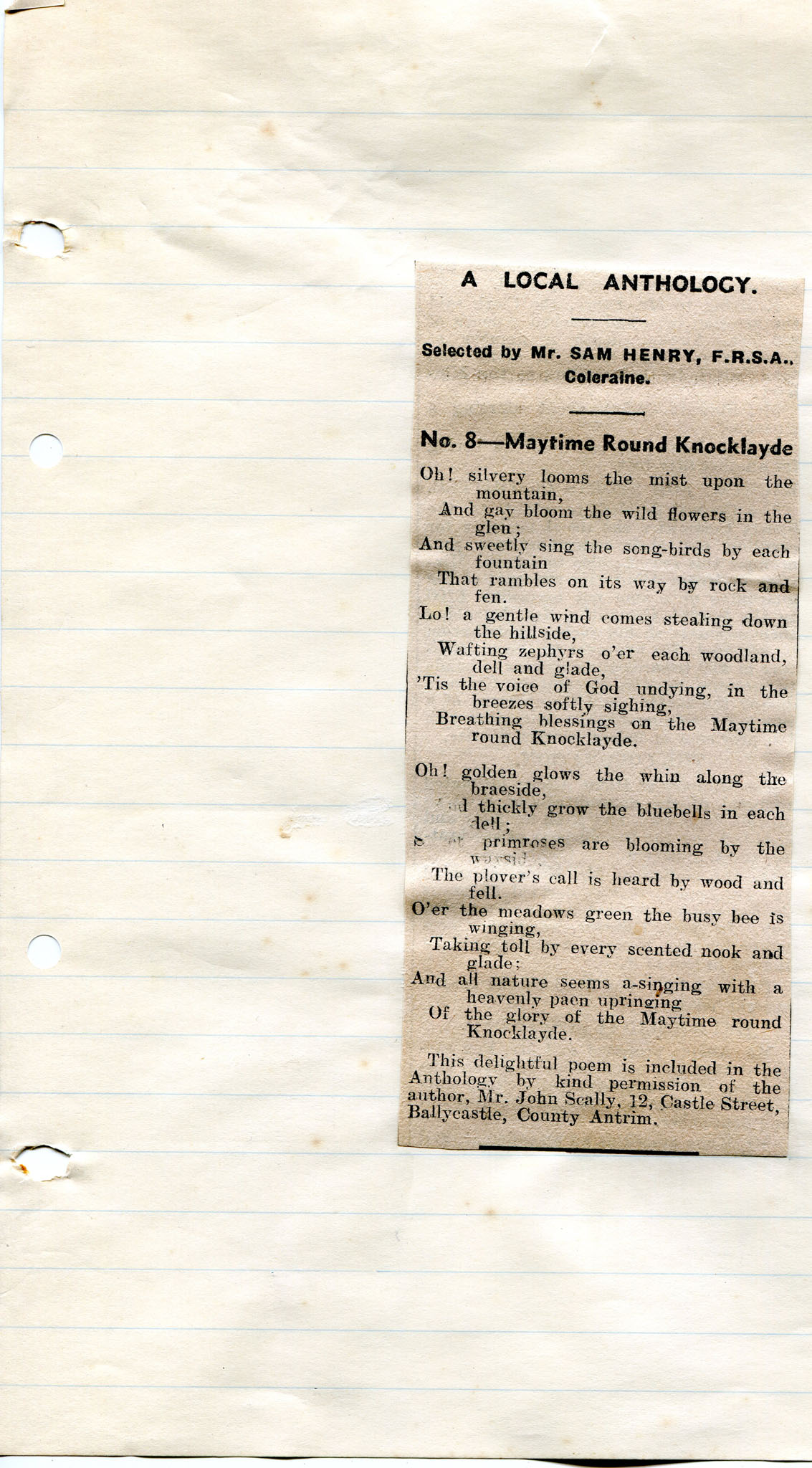 Article of a poem from the ‘Chronicle’ newspaper cut out and stuck to ...