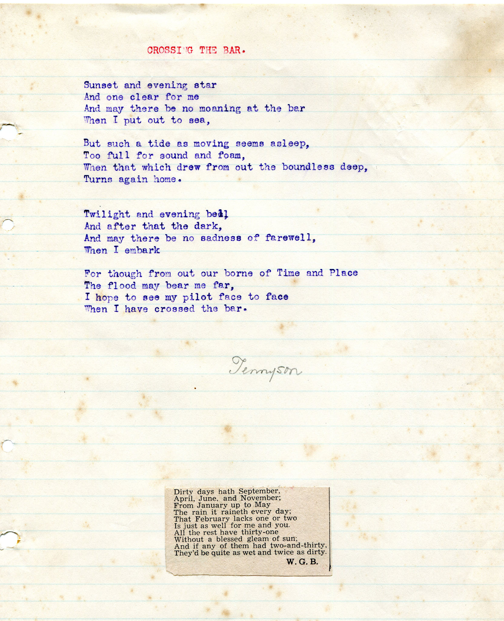 Typed poem on lined paper, 4 verses titled, ‘Crossing the Bar’ by ...