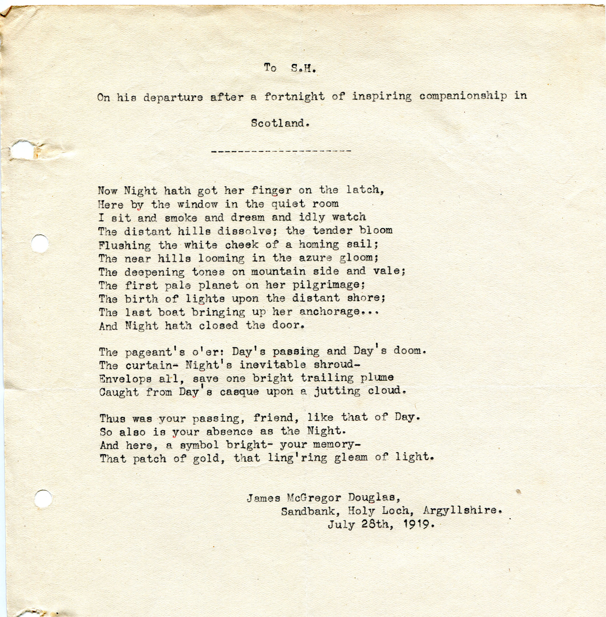 Typed poem or words to song on lined paper. Notes ‘To S.H. On his ...