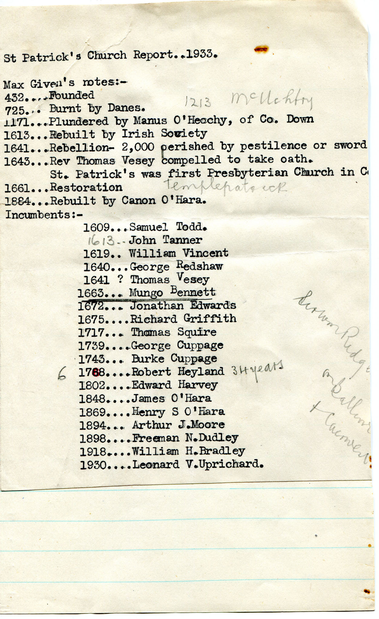 Typed notes re St Patrick’s Church Report 1933. Typed on paper and ...