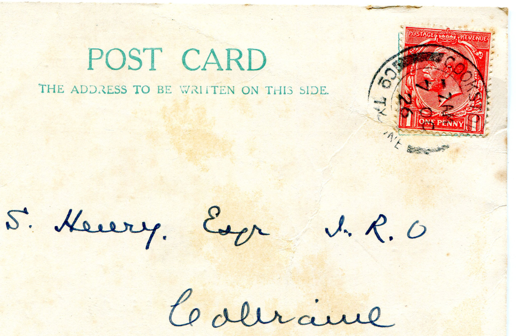 Handwritten postcard addressed to S. Henry, Esq, Coleraine. Date ...