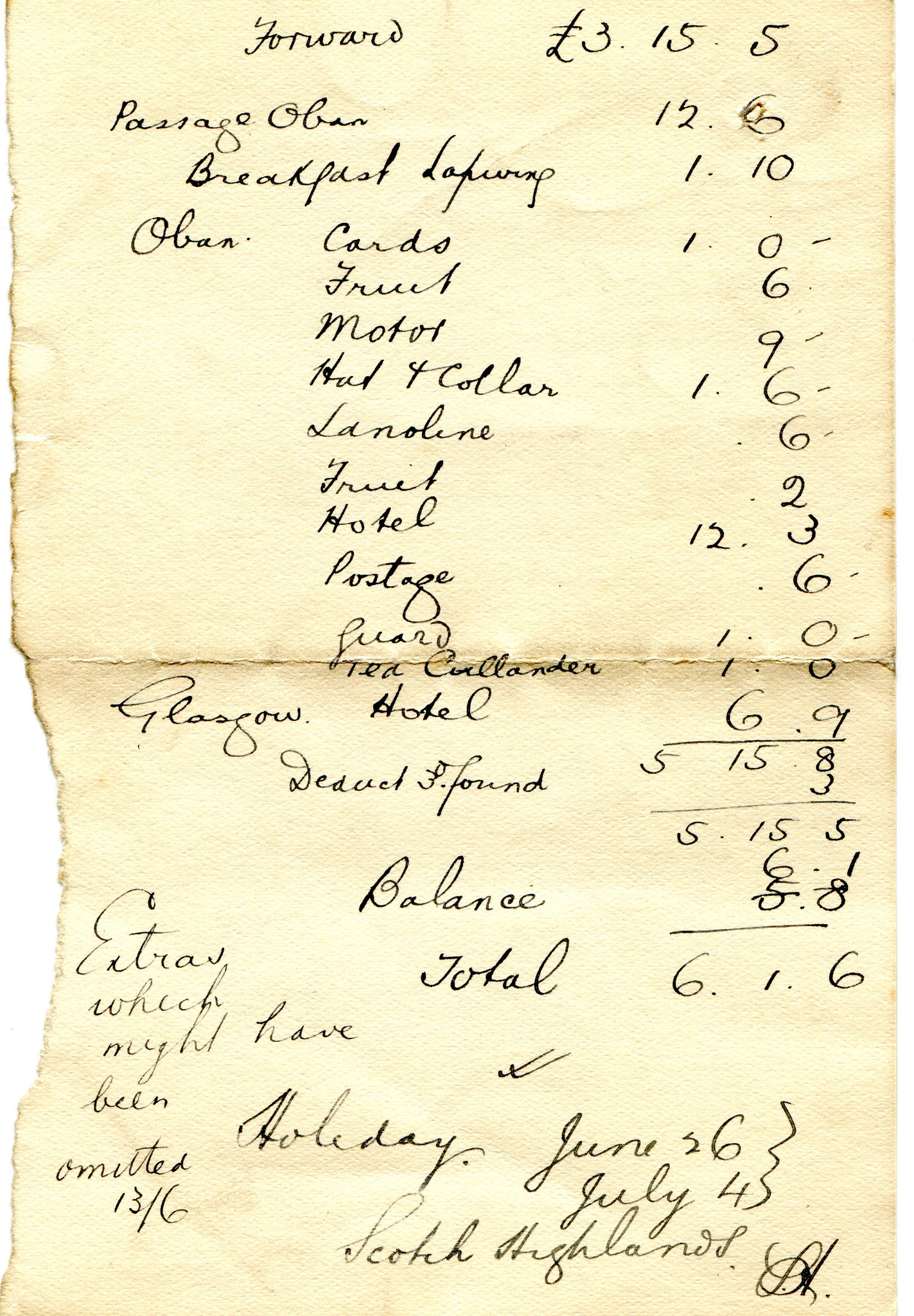 Handwritten list of expenses for holiday on 26th June to July 4th to ...