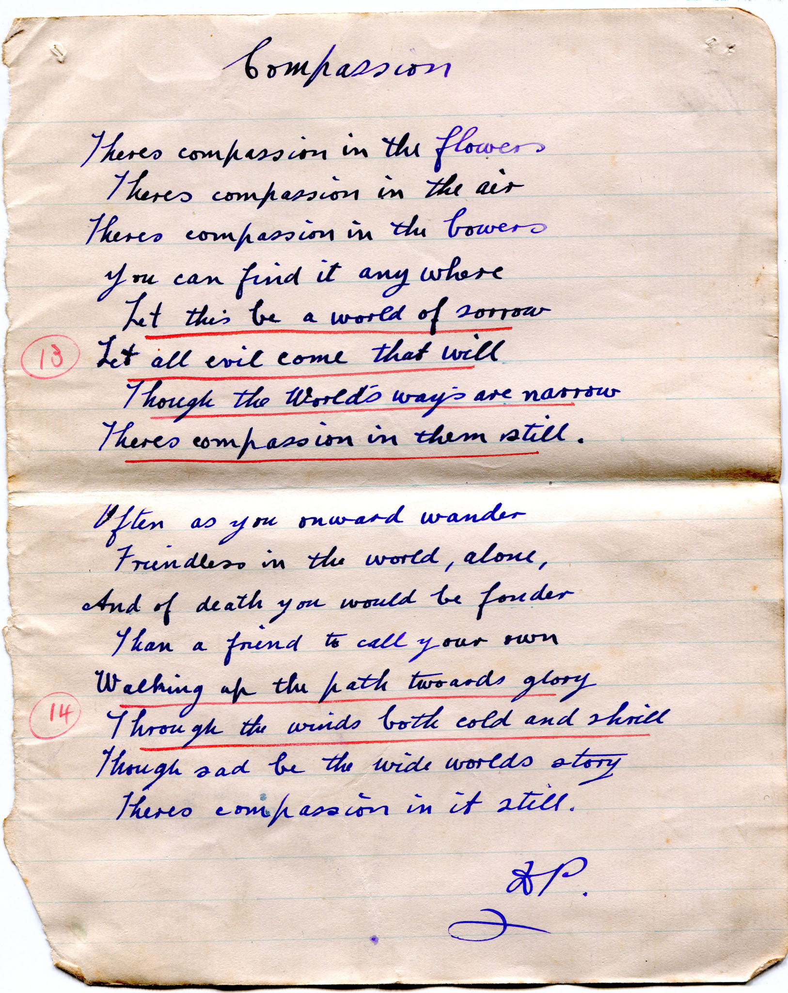 Handwritten poem or words to song on lined paper titled, ‘Compassion ...