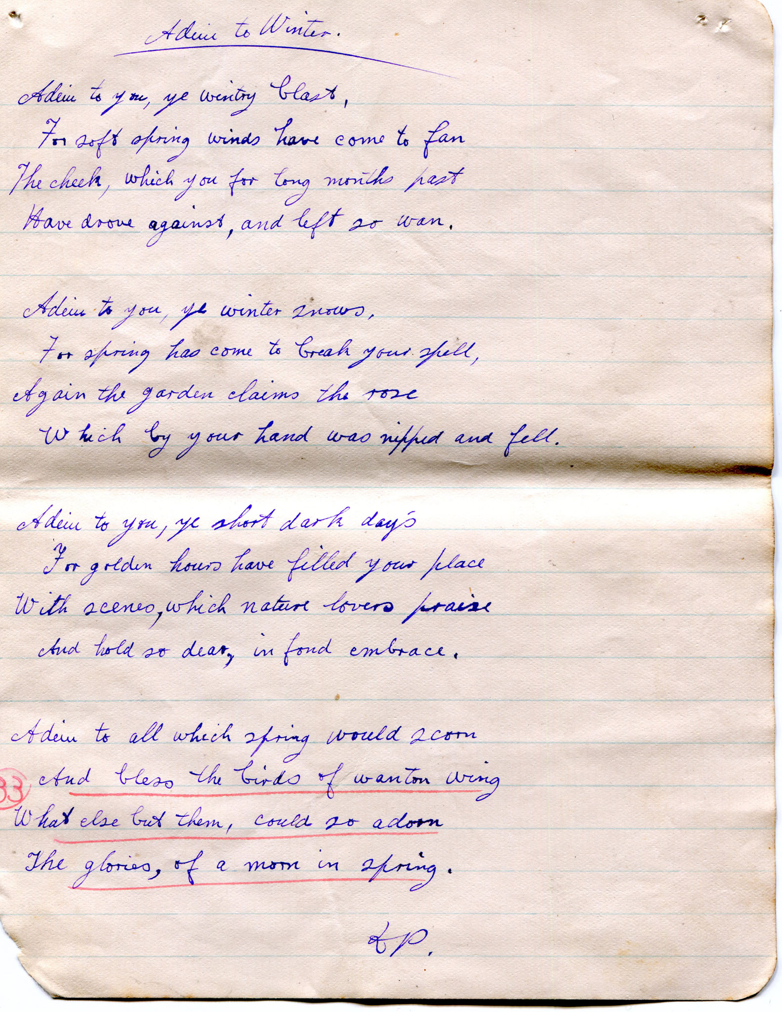 Handwritten poem or words to song on lined paper titled, ‘Advice to ...
