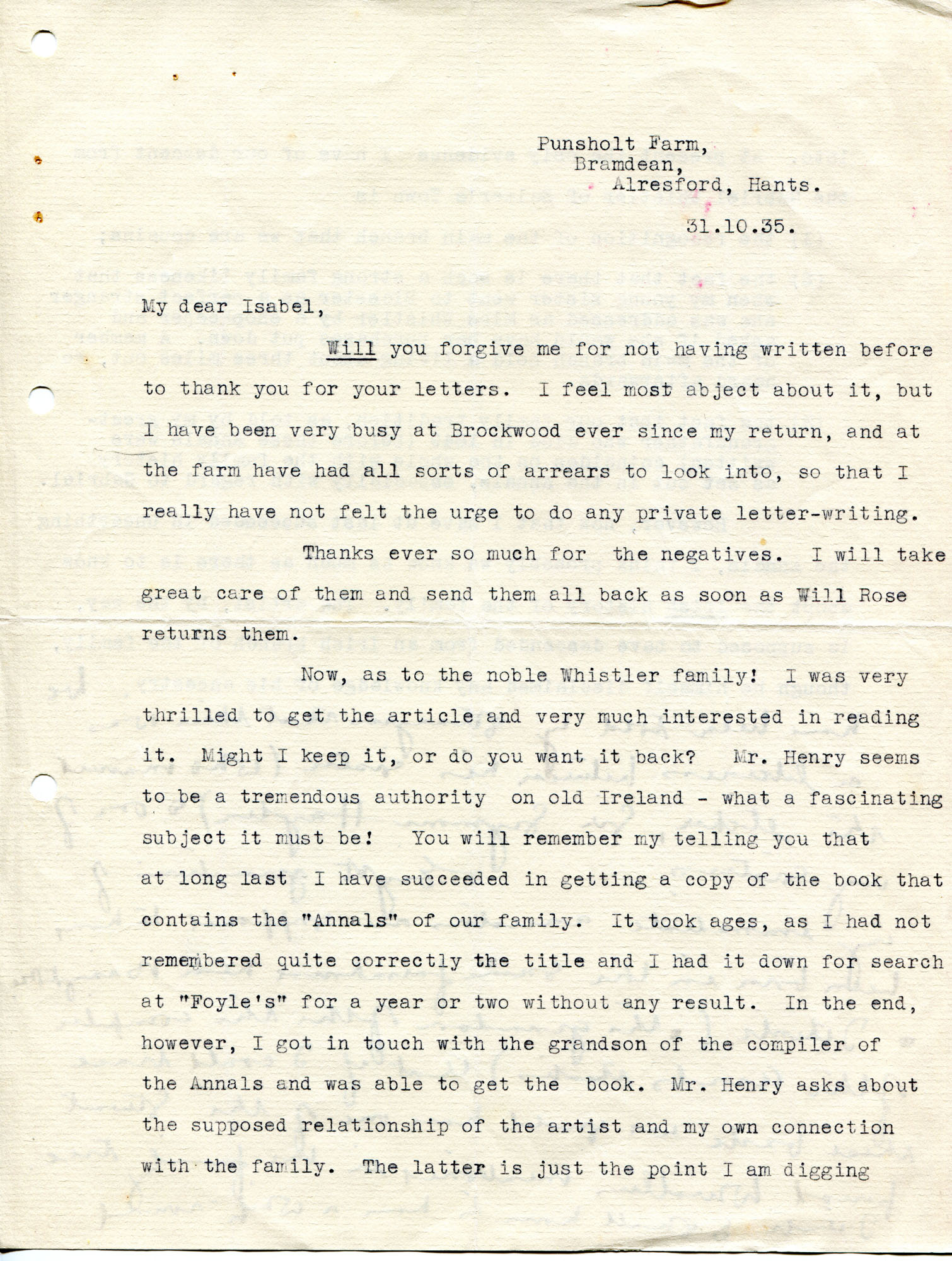 Typed and part handwritten letter (latter page(s) of letter appear to ...