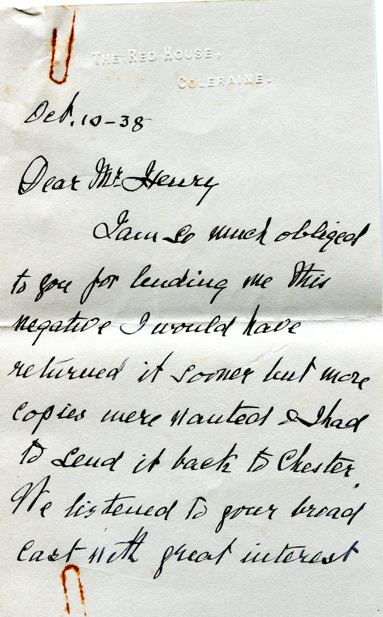 Handwritten letter to Sam Henry. Thanks Sam for the loan of a negative ...