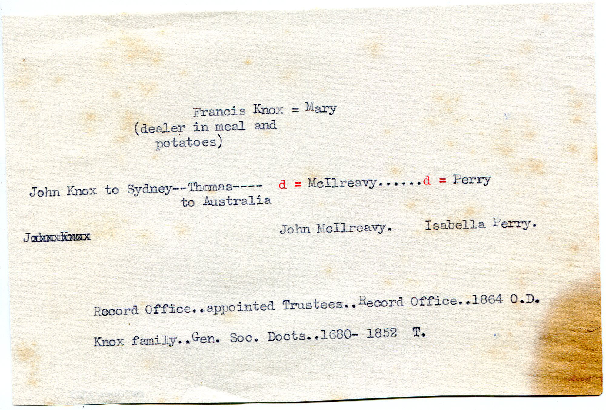 Typed notes re genealogical research on the Knox family name. Also ...