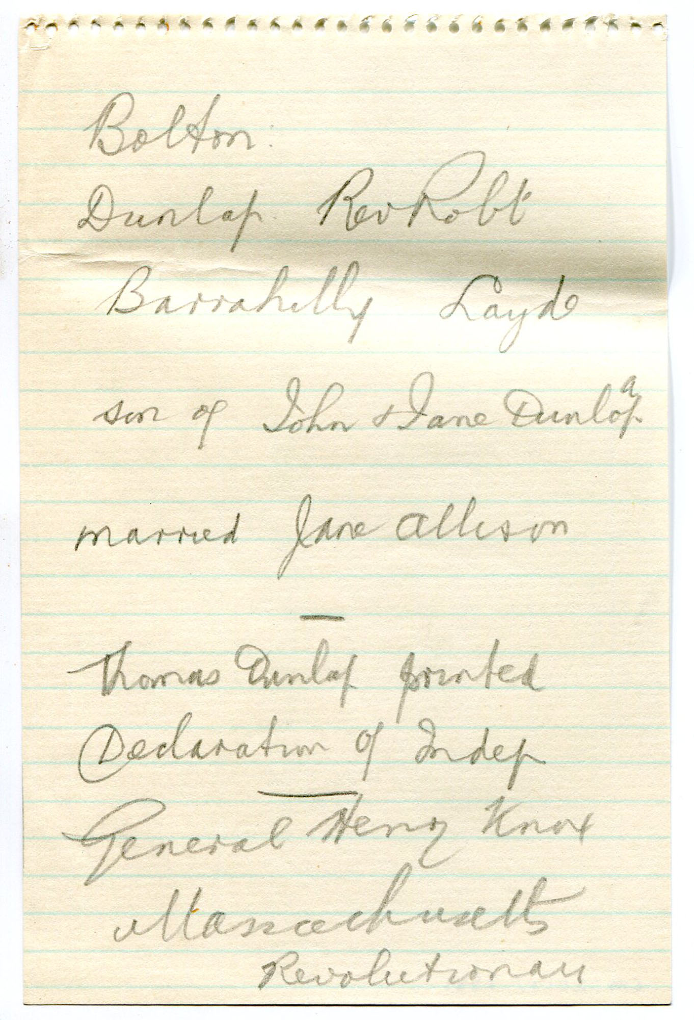 Handwritten rough notes on a small, lined page. Genealogical ...