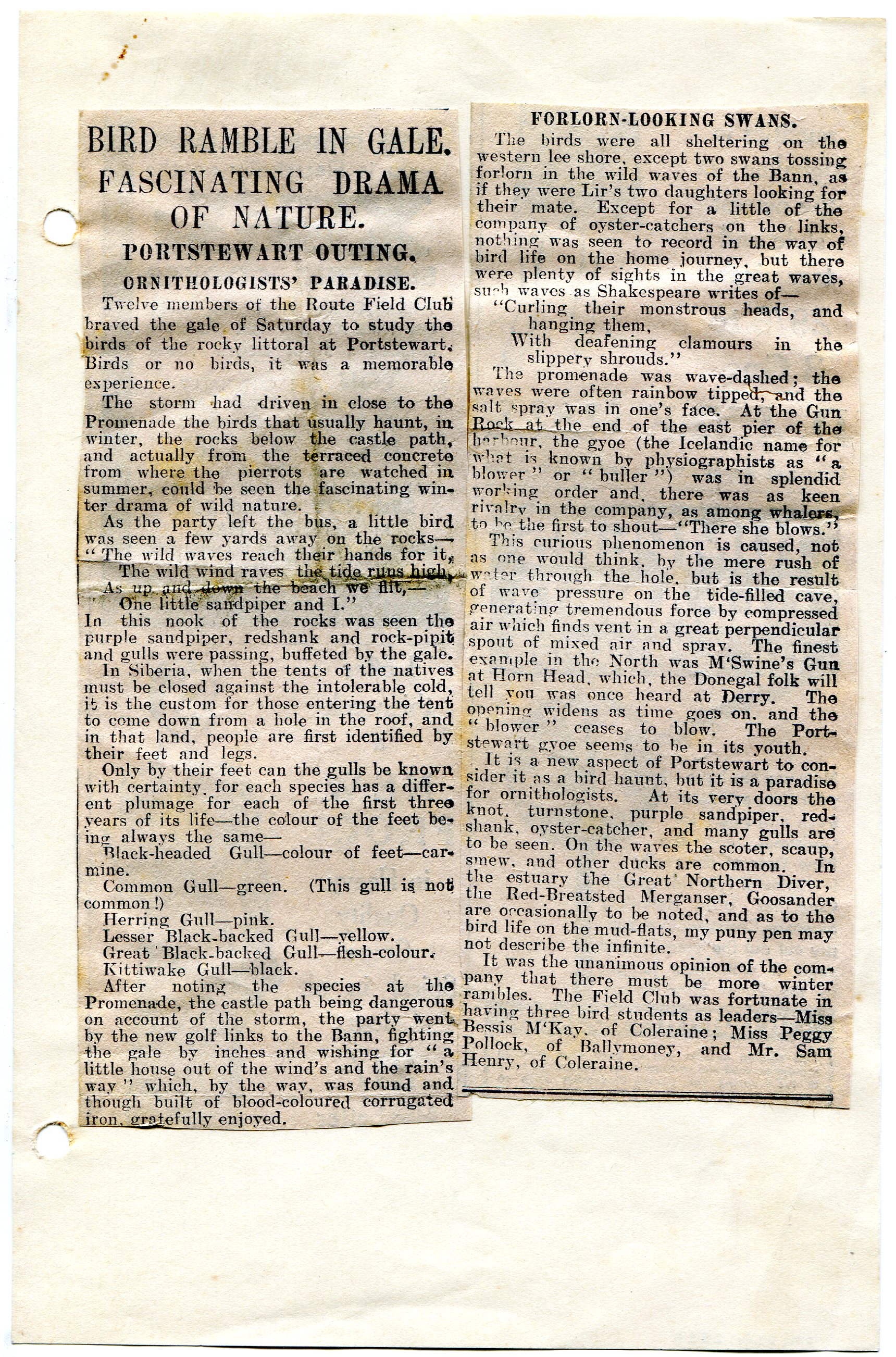 Newspaper article (two columns) cut out and stuck to paper. Titled ...