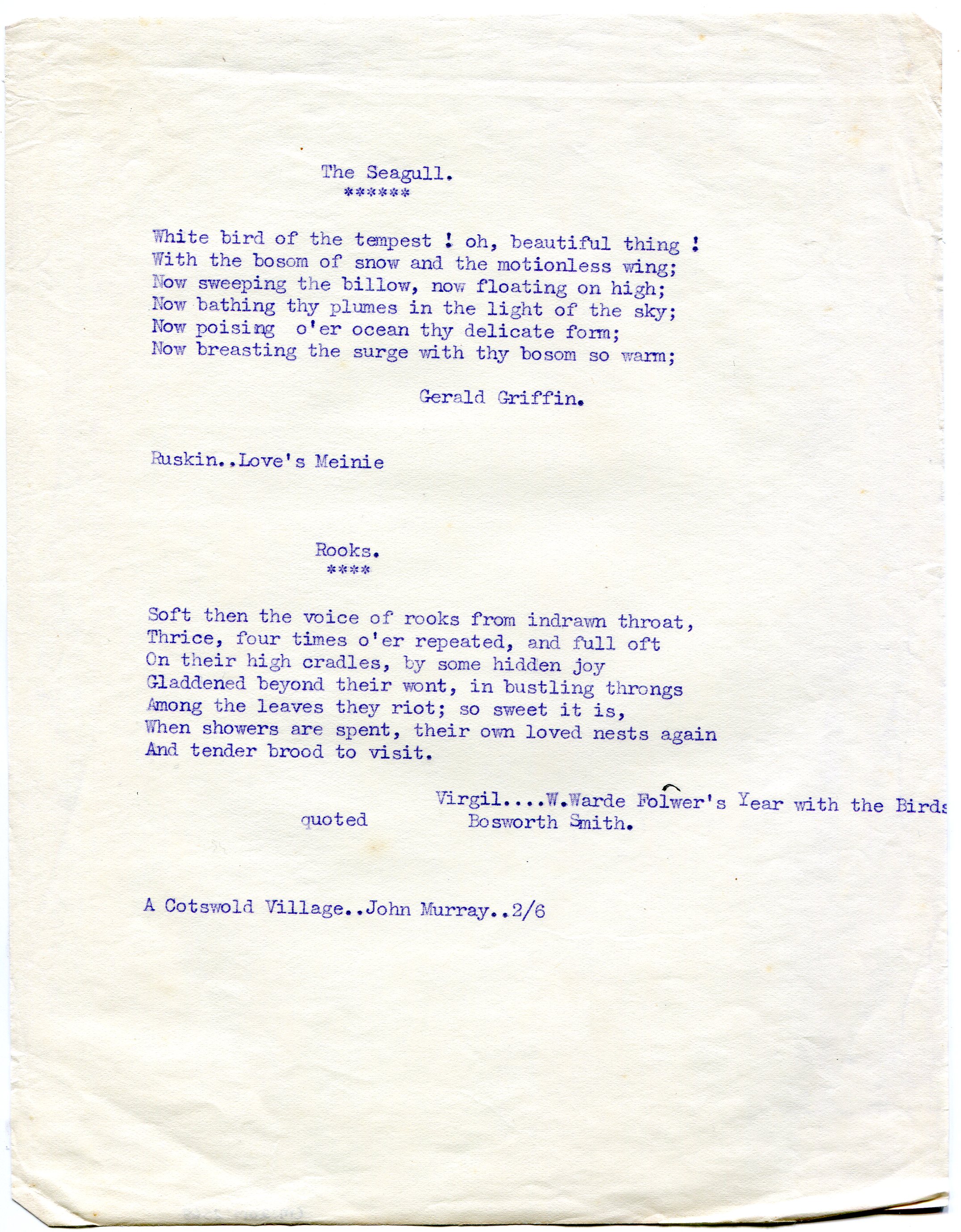 Two typed short poems – ‘The Seagull’ by Gerald Griffin and ‘Rooks ...