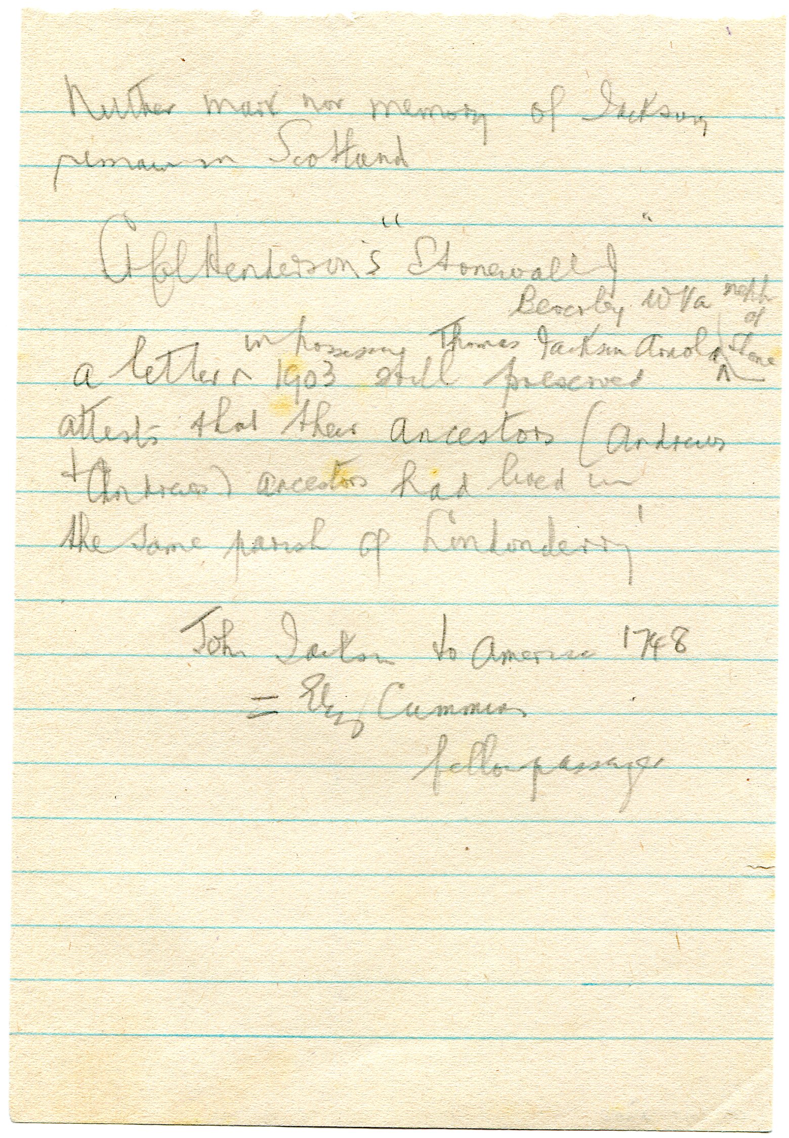 Handwritten notes on lined paper re Jackson family name. Letter from ...