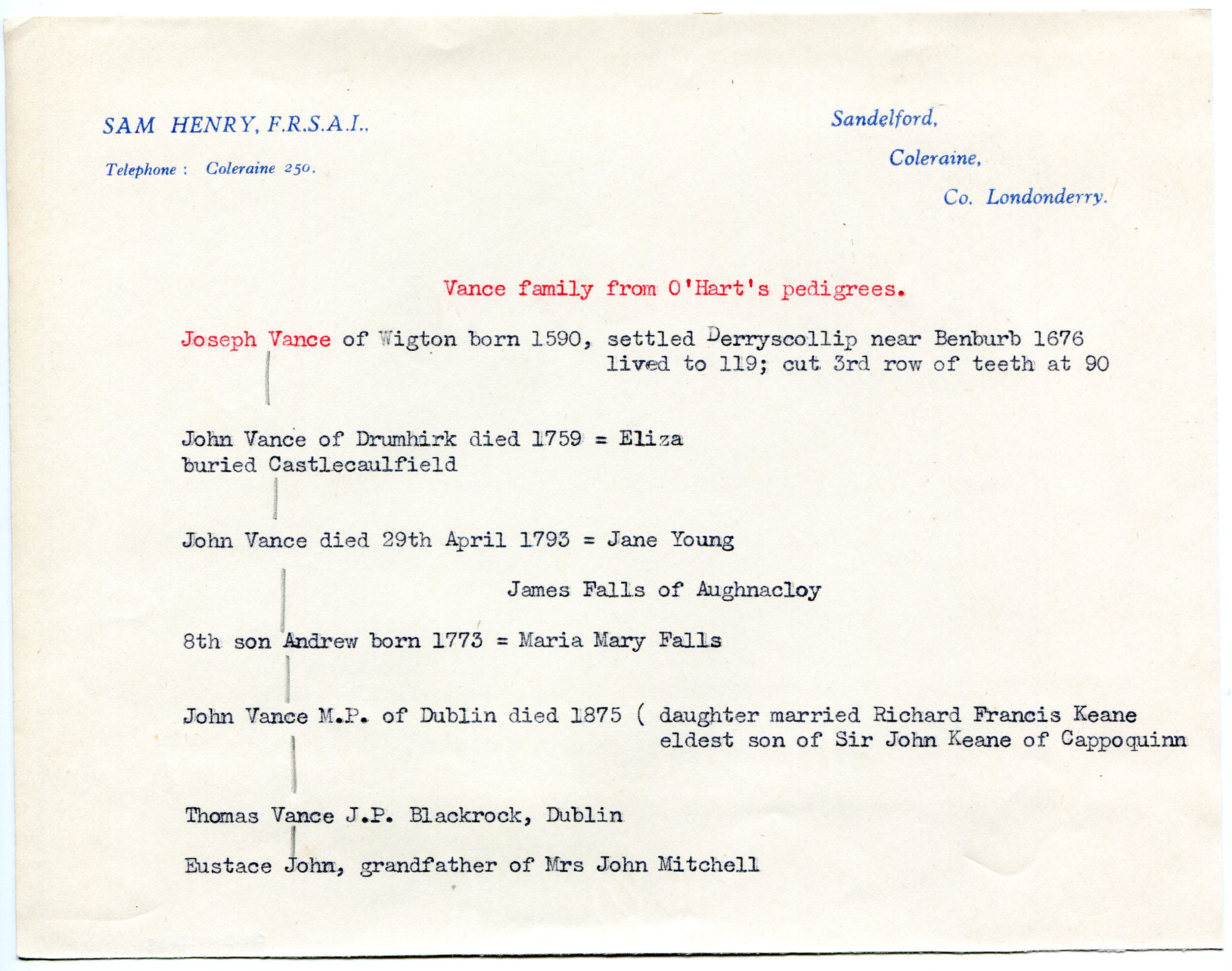 Typed family tree titled, ‘Vance family from O’Hart’s pedigrees’. Typed ...