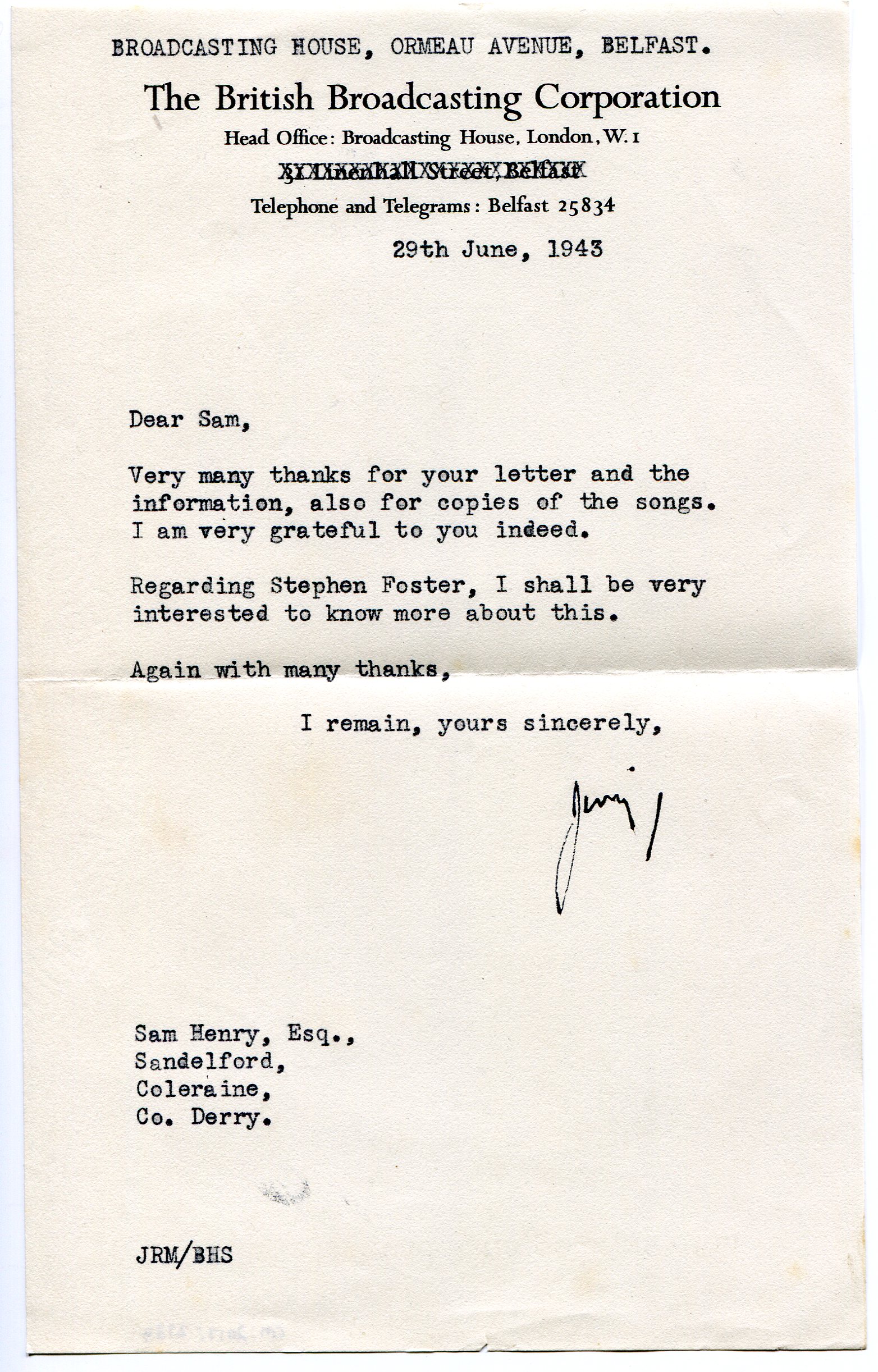 Typed letter on headed paper to Sam Henry, Sandelford, Coleraine, Co ...