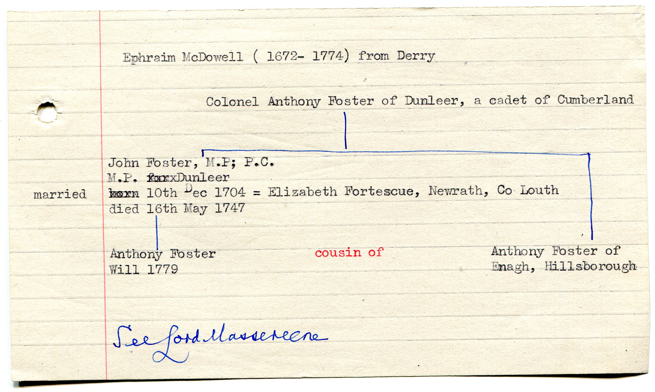 Typed genealogical notes on lined paper. Mention names Ephraim McDowell ...