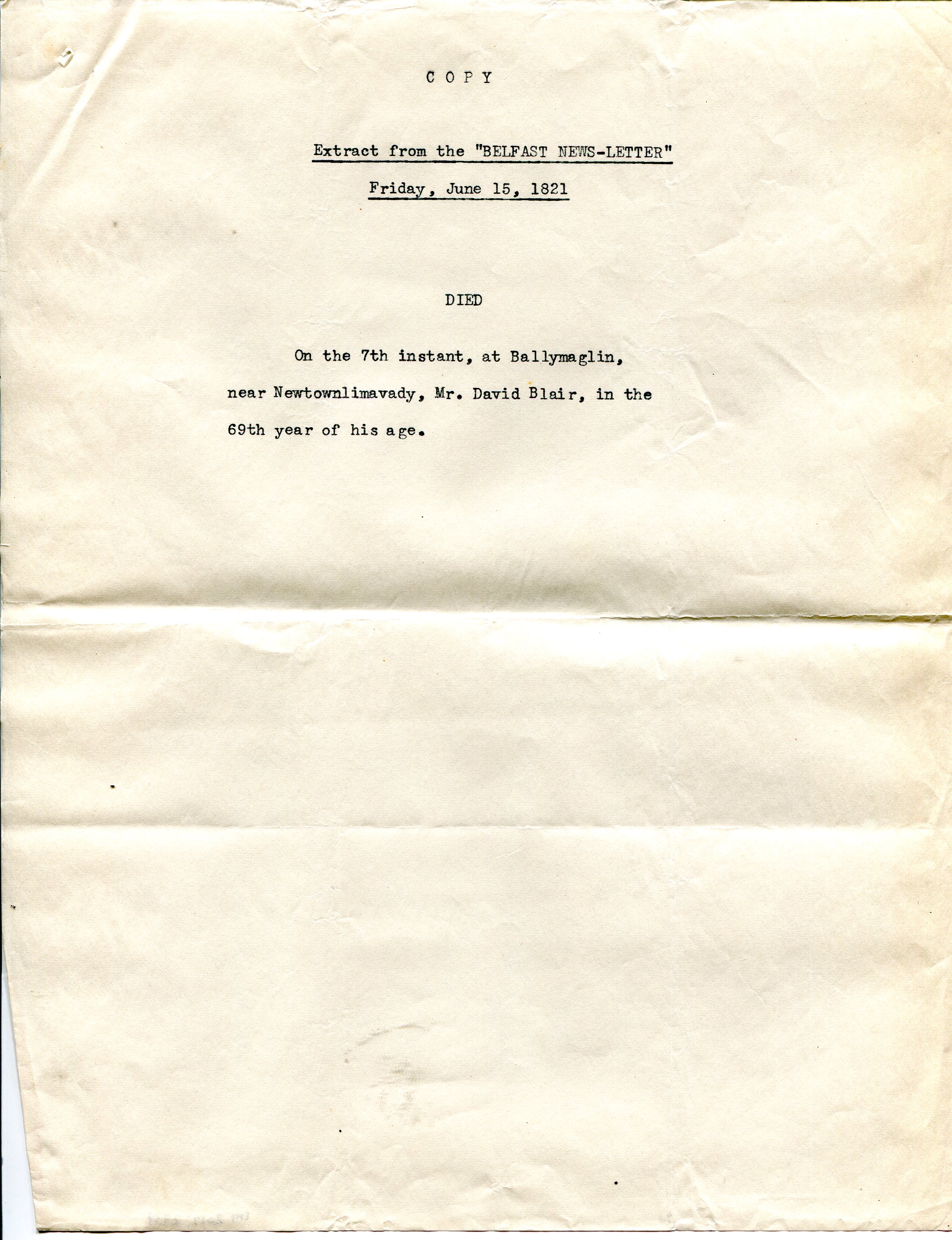 Typed copy of an extract from the ‘Belfast News-Letter’. Dated Friday ...