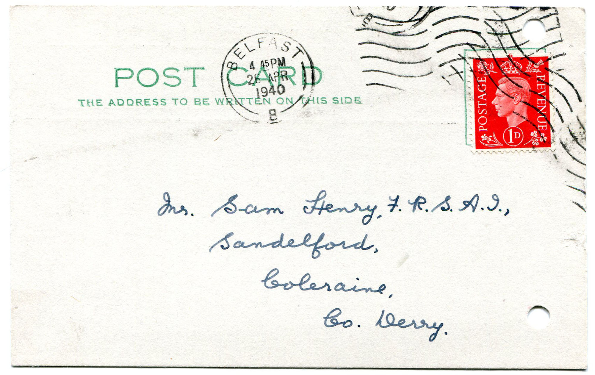 Handwritten postcard addressed to Sam Henry, Sandelford, Coleraine, Co ...
