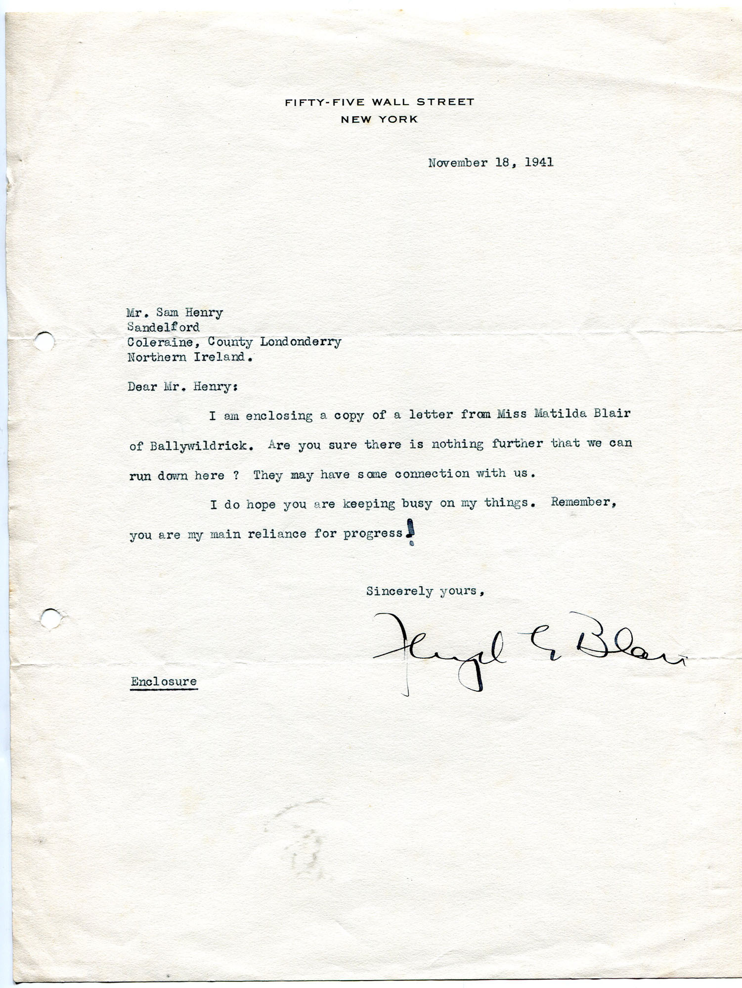 Typed letter to Sam Henry, Sandelford, Coleraine, County Londonderry ...