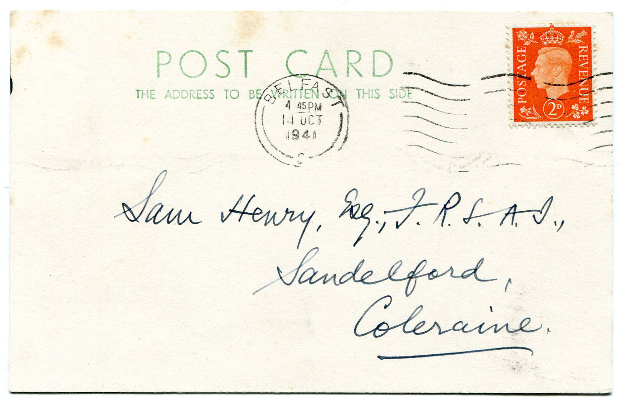 Handwritten postcard to Sam Henry, Sandelford, Coleraine. Red 2D King ...