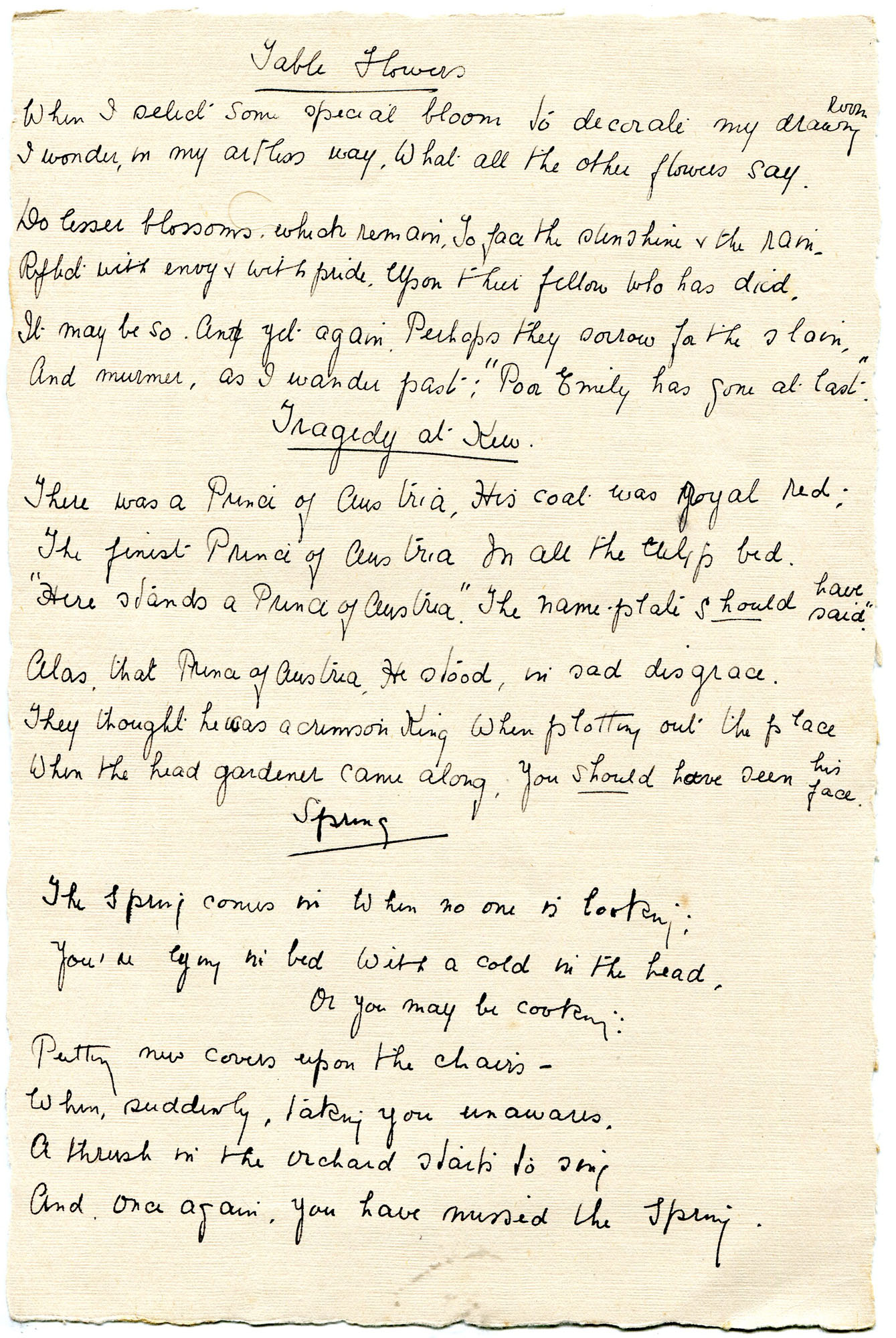 Handwritten page (double sided) of words to poems or songs. They are ...
