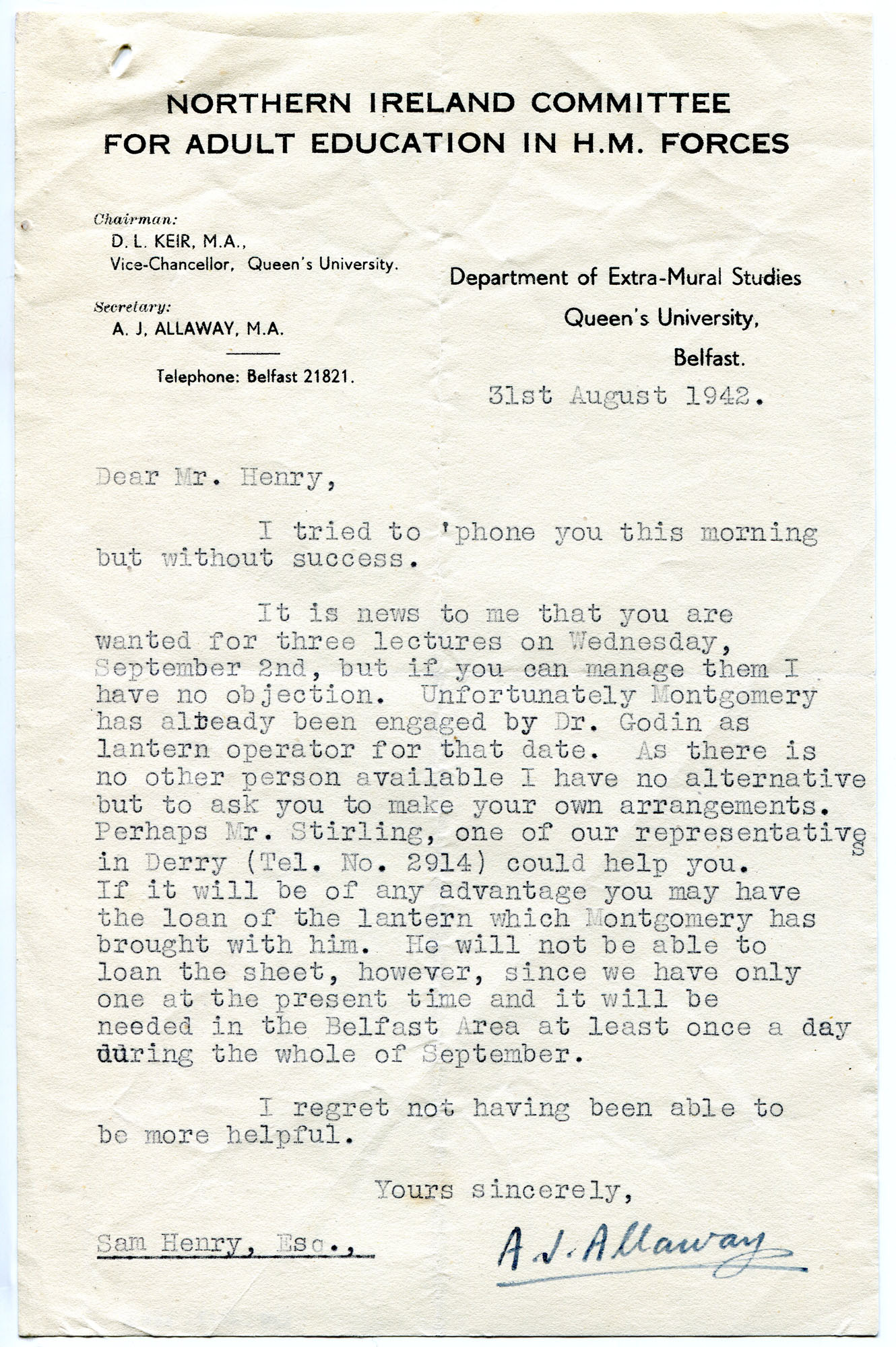 Typed letter on headed paper to Sam Henry re lectures to troops. Sam to ...