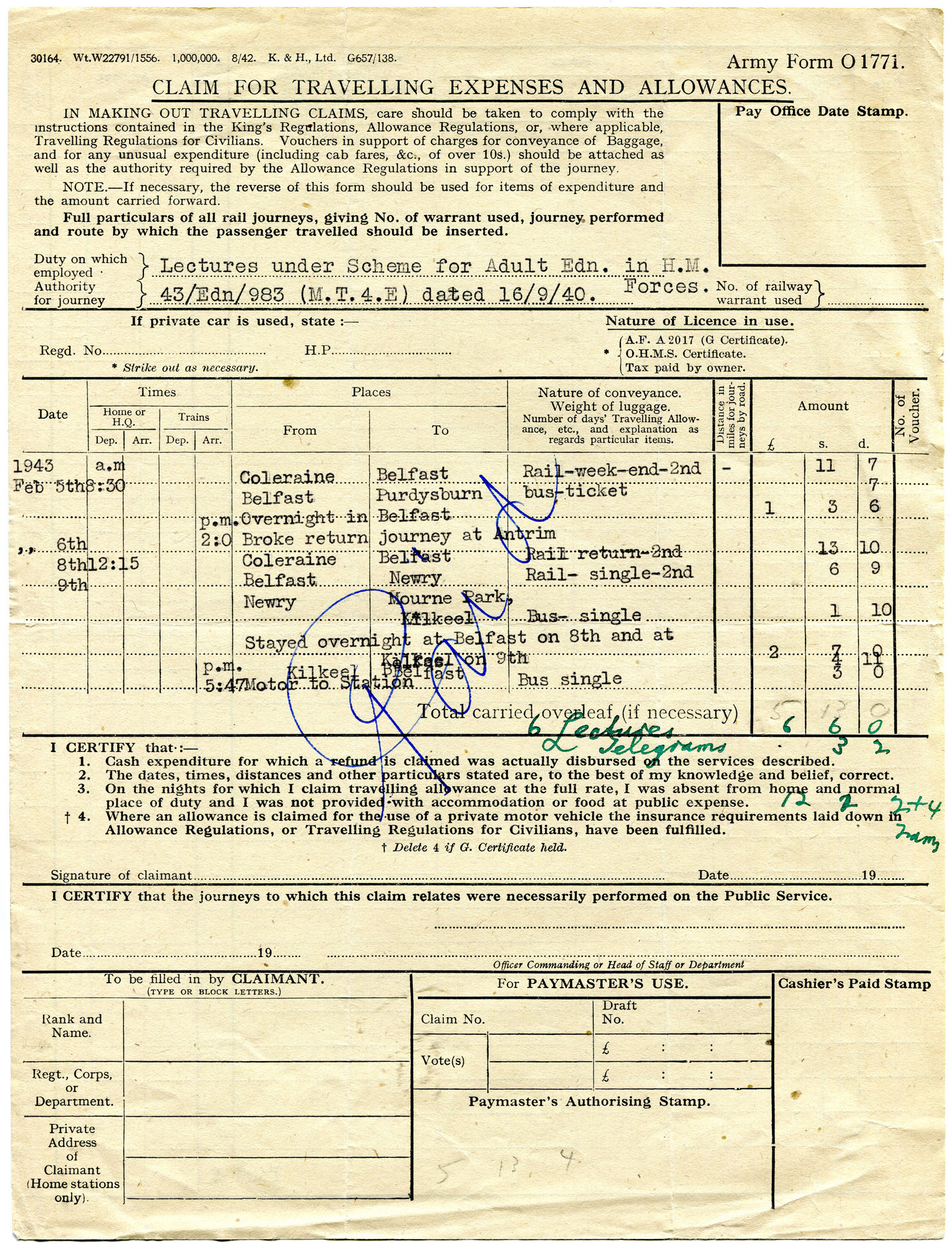 Preprinted form with typed details for ‘Claim for Travelling Expenses ...