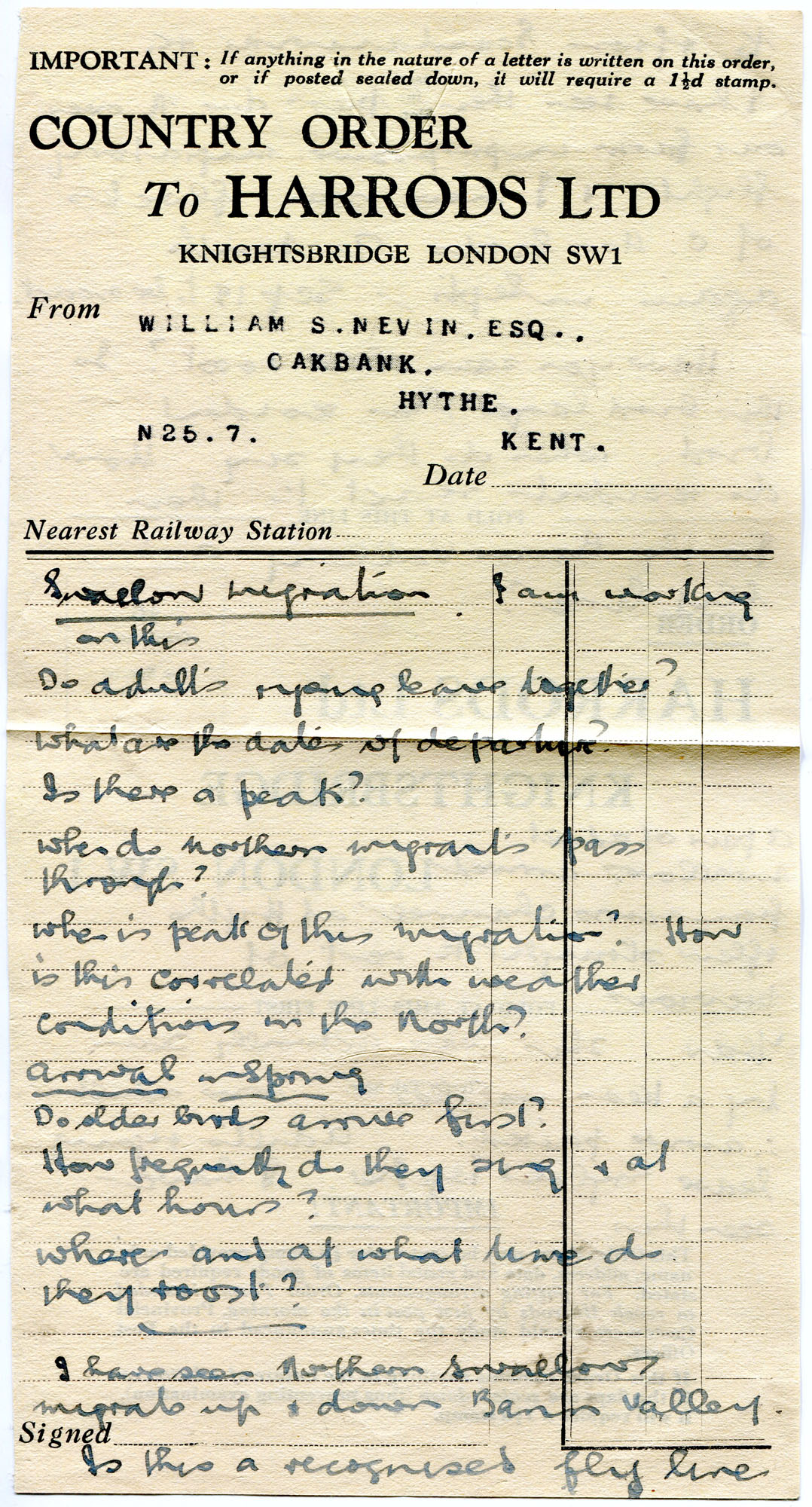 Handwritten questions re Swallow migration. Handwritten onto an order ...
