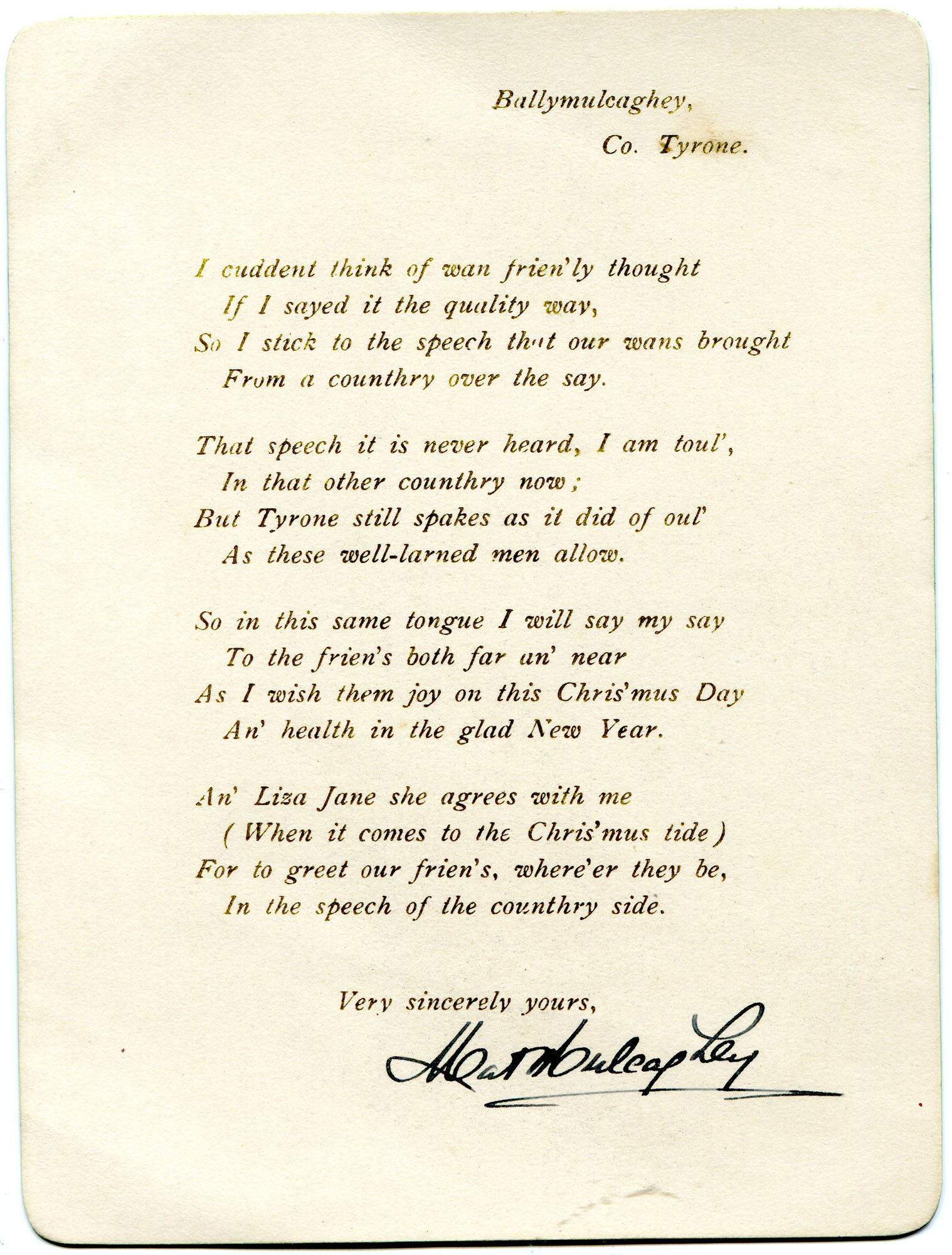 Four verse poem printed onto card with rounded edges and gold writing ...