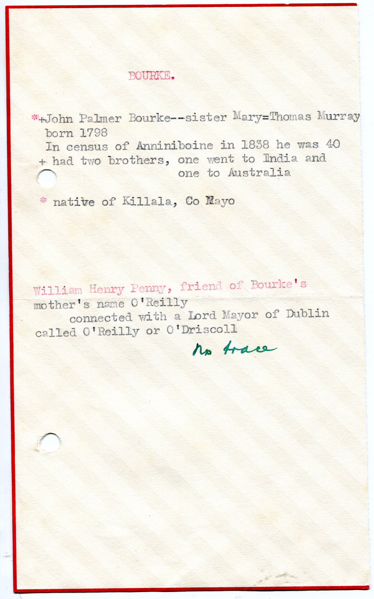 Typed genealogical notes re the family name Bourke. Refers to John ...