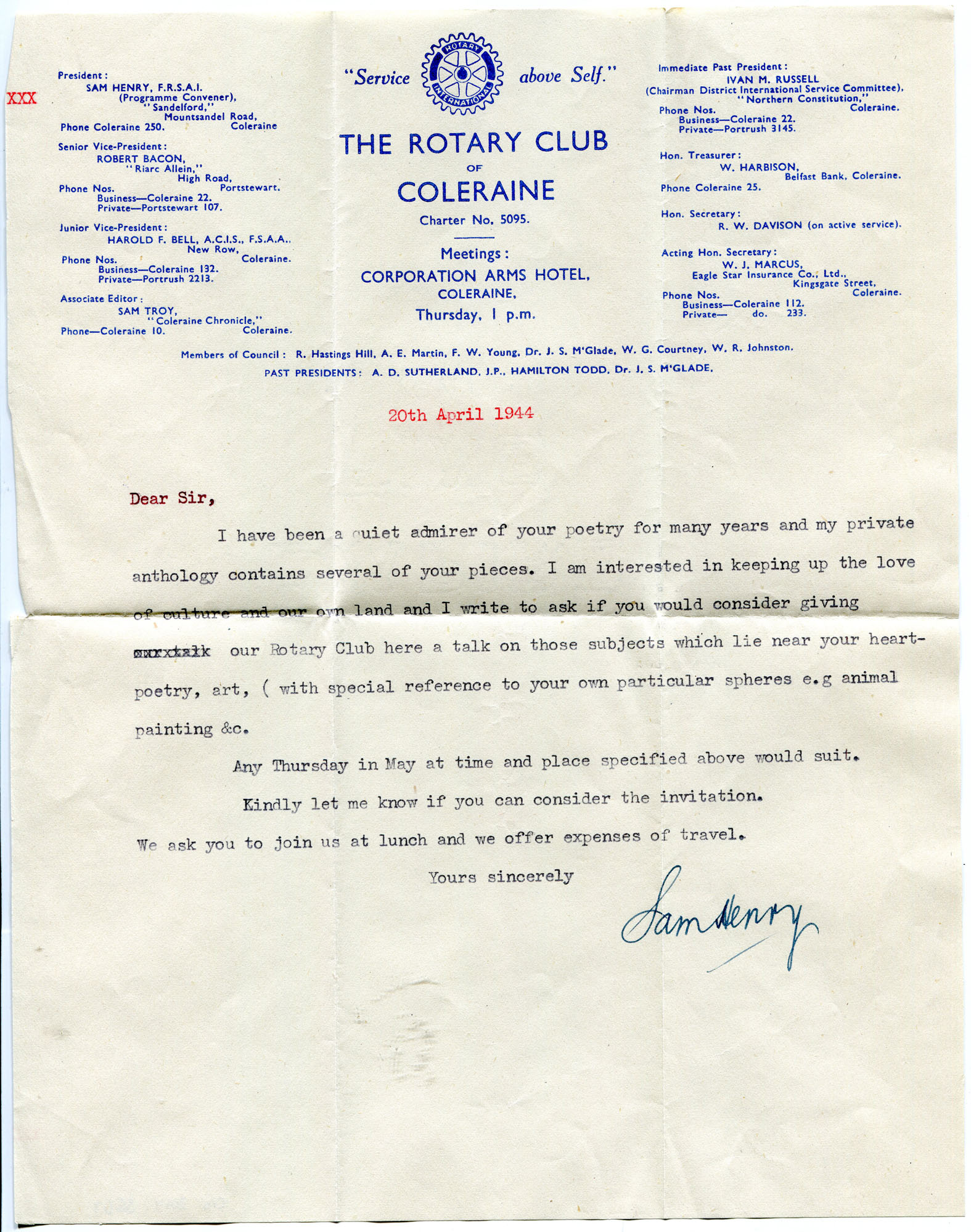 Typed letter on headed paper of The Rotary Club, Coleraine to ‘Dear Sir ...