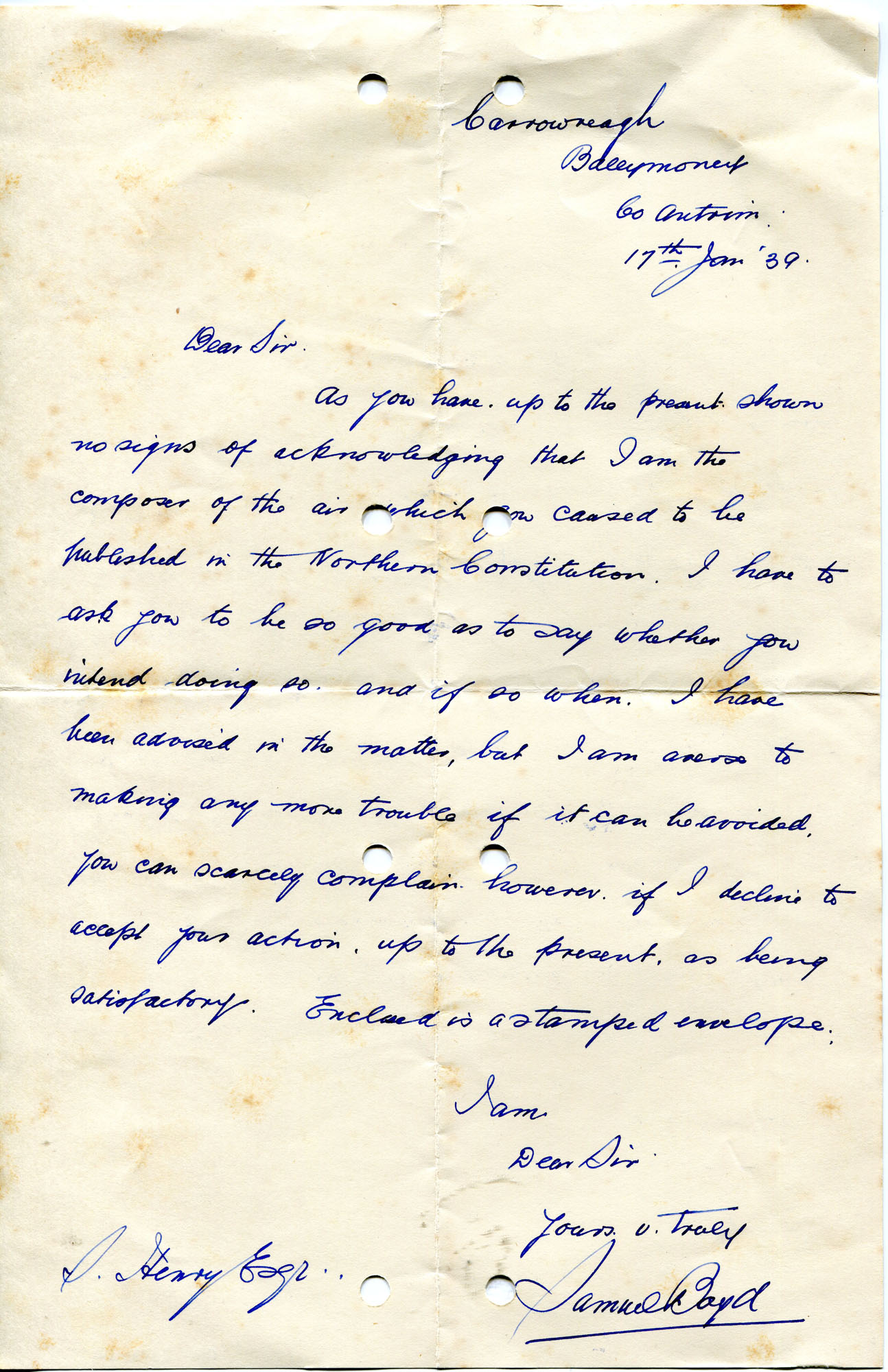 Handwritten letter to Sam Henry. Stern letter asking Sam if he is going ...