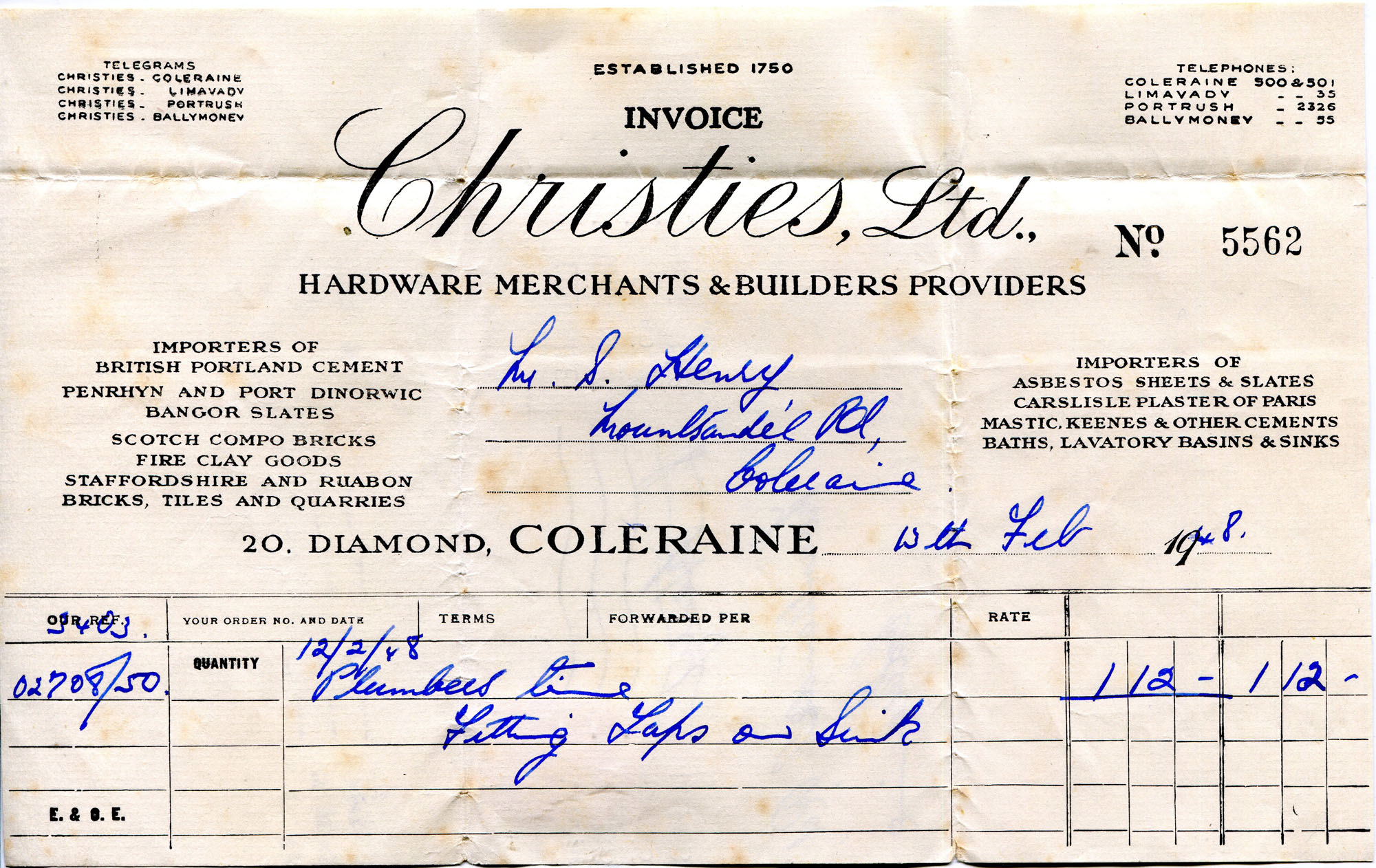 Printed and handwritten invoice to Sam Henry from Christies, Ltd., for ...