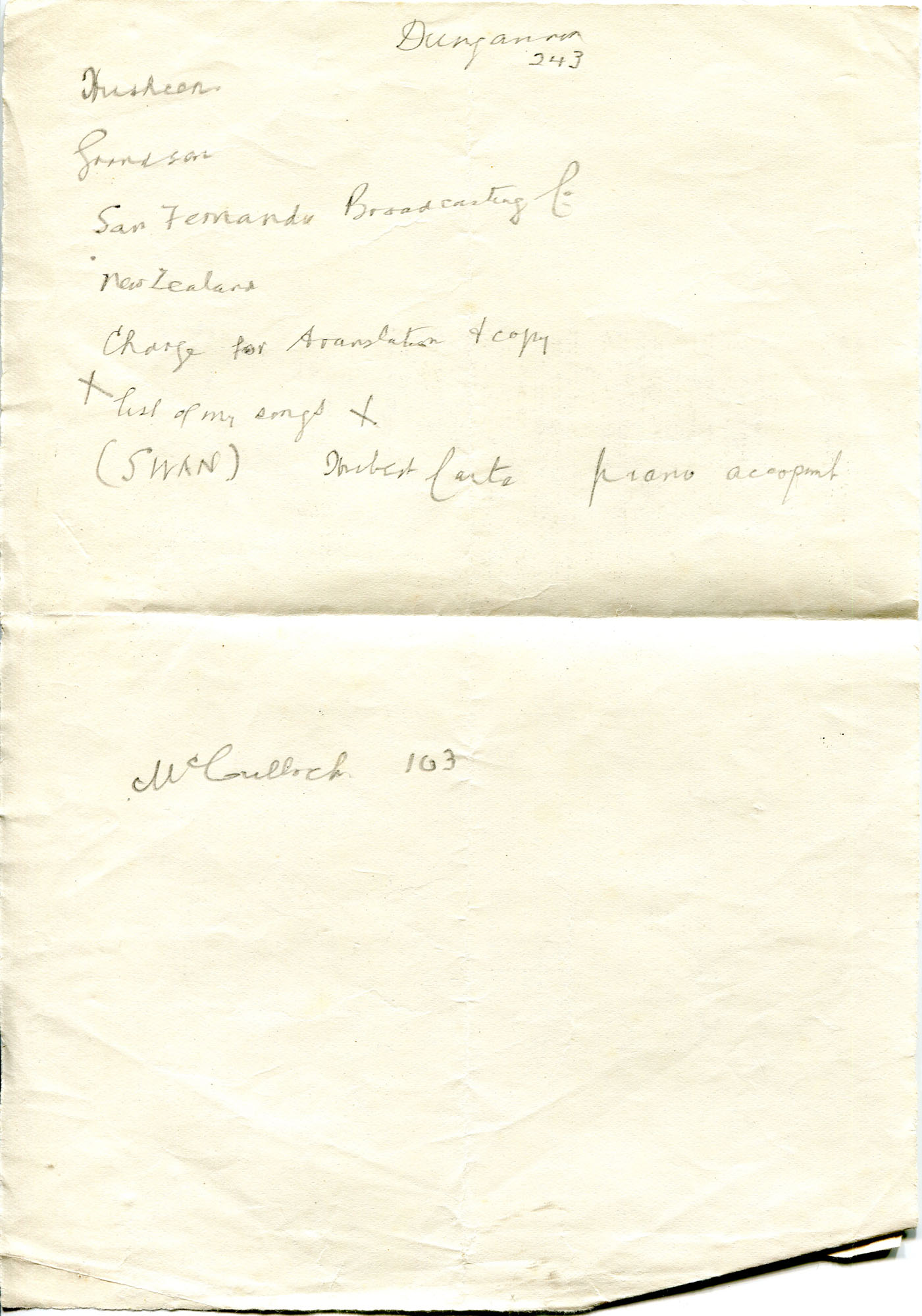 Handwritten list of rough notes in pencil. Re broadcasts and songs ...