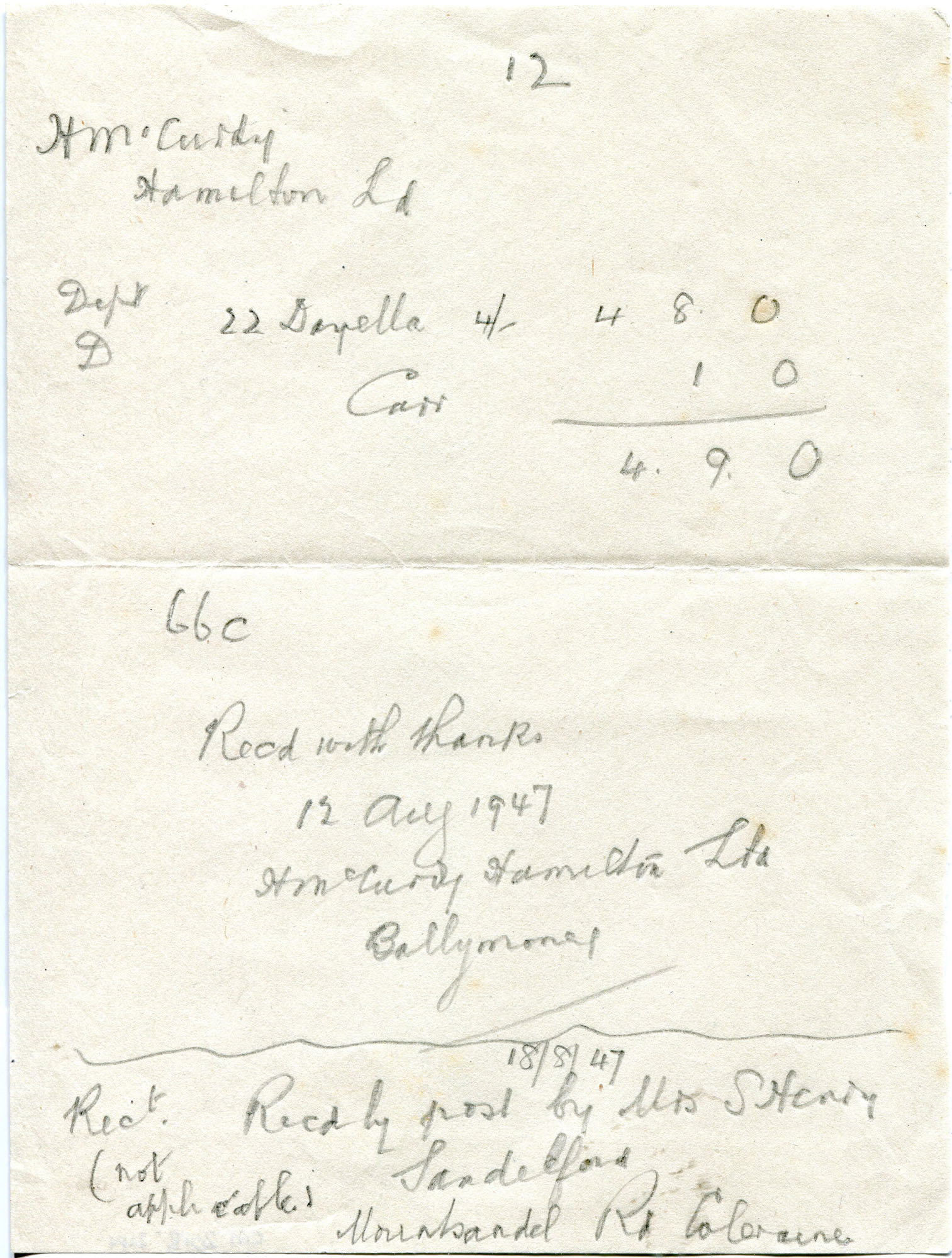 Handwritten rough notes in pencil. Mentions H McCurdy Hamilton Ltd ...