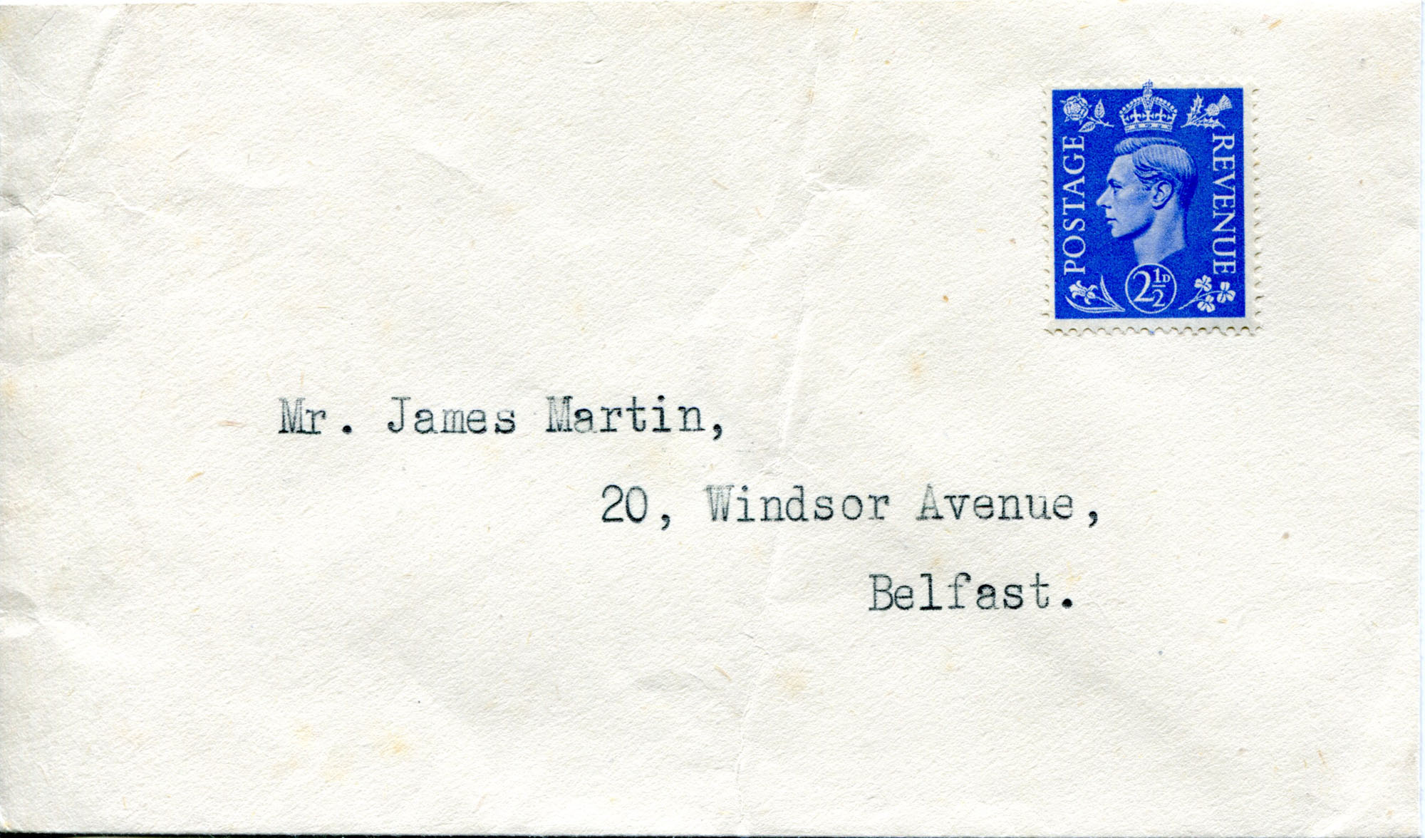 Small, cream colour envelope addressed to Mr James Martin, 20 Windsor ...
