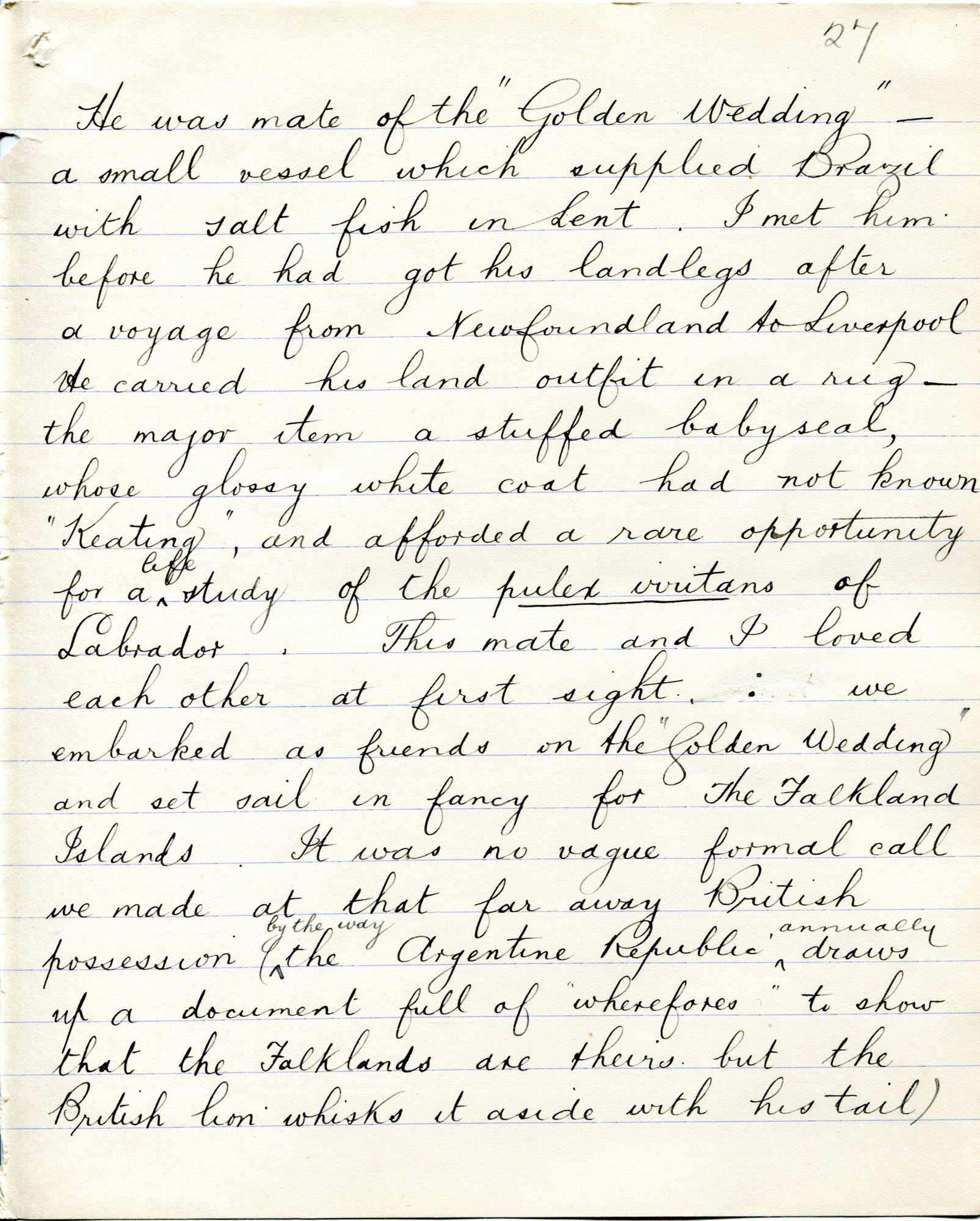 Page 27 of 38. Handwritten essay by Sam Henry titled, ‘The Voice from ...