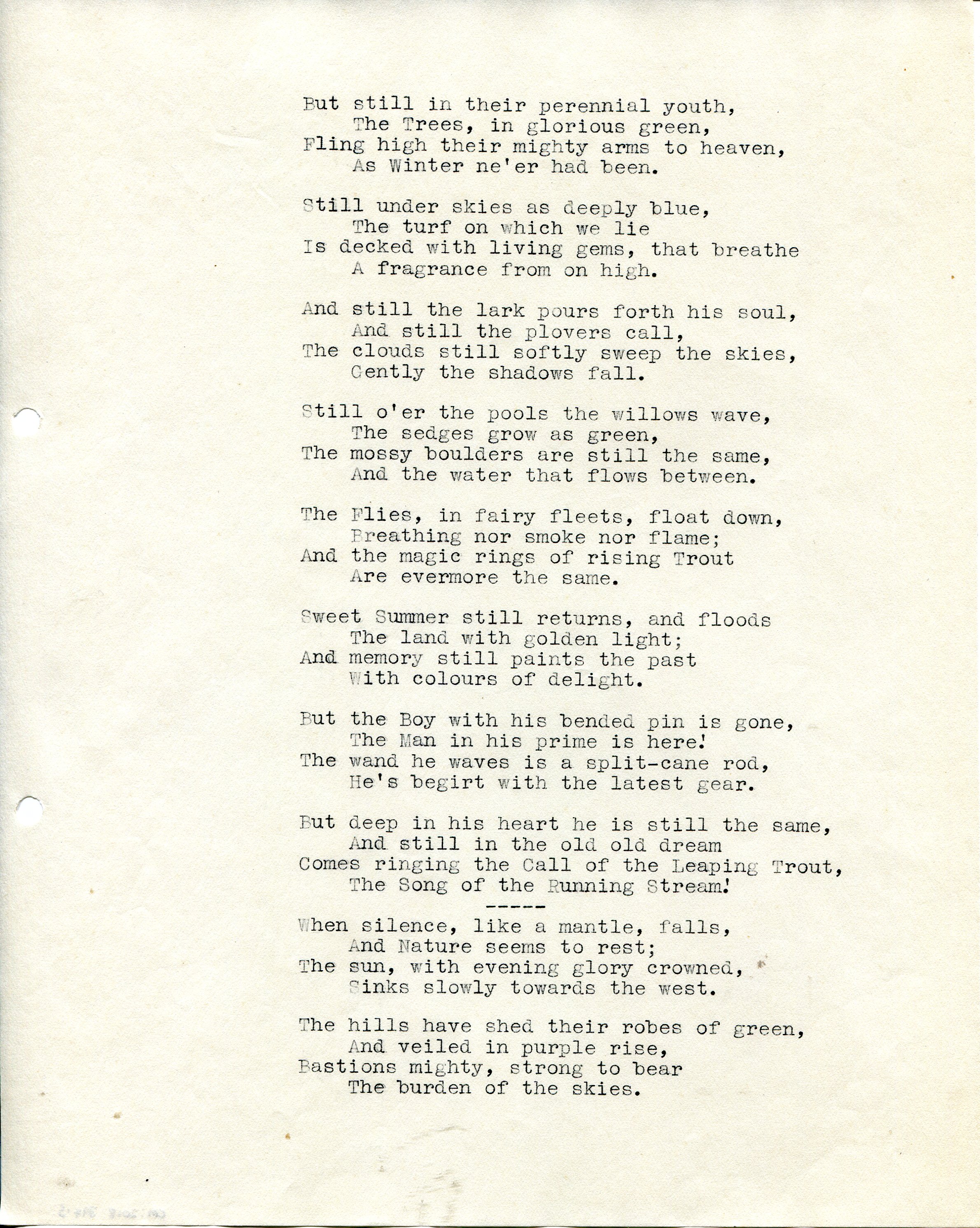 Page 5 of 8. Typed poem titled, ‘The Trout, A Song of the Running ...