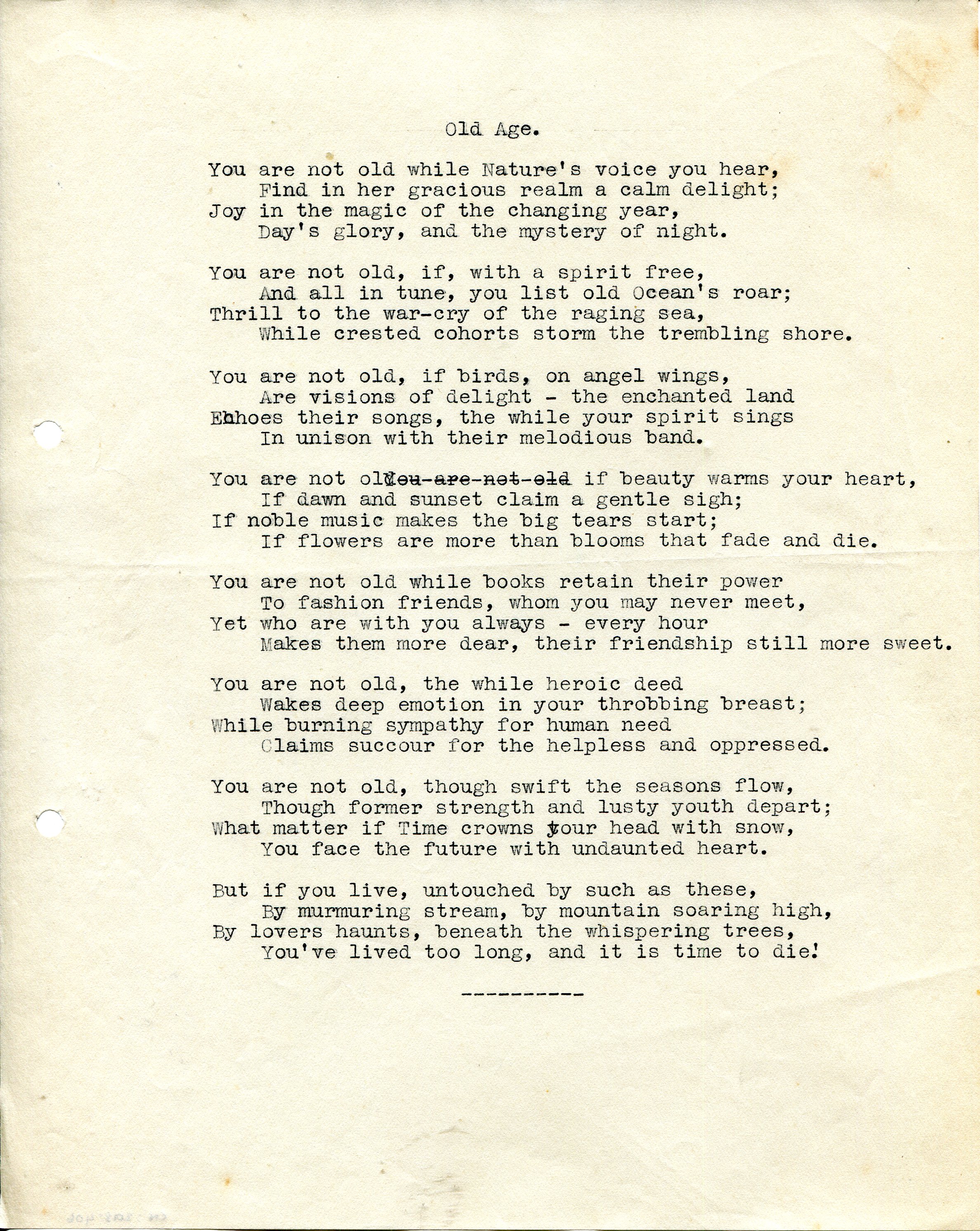 Typed poem titled, ‘Old Age’. – NI Community Heritage Archive