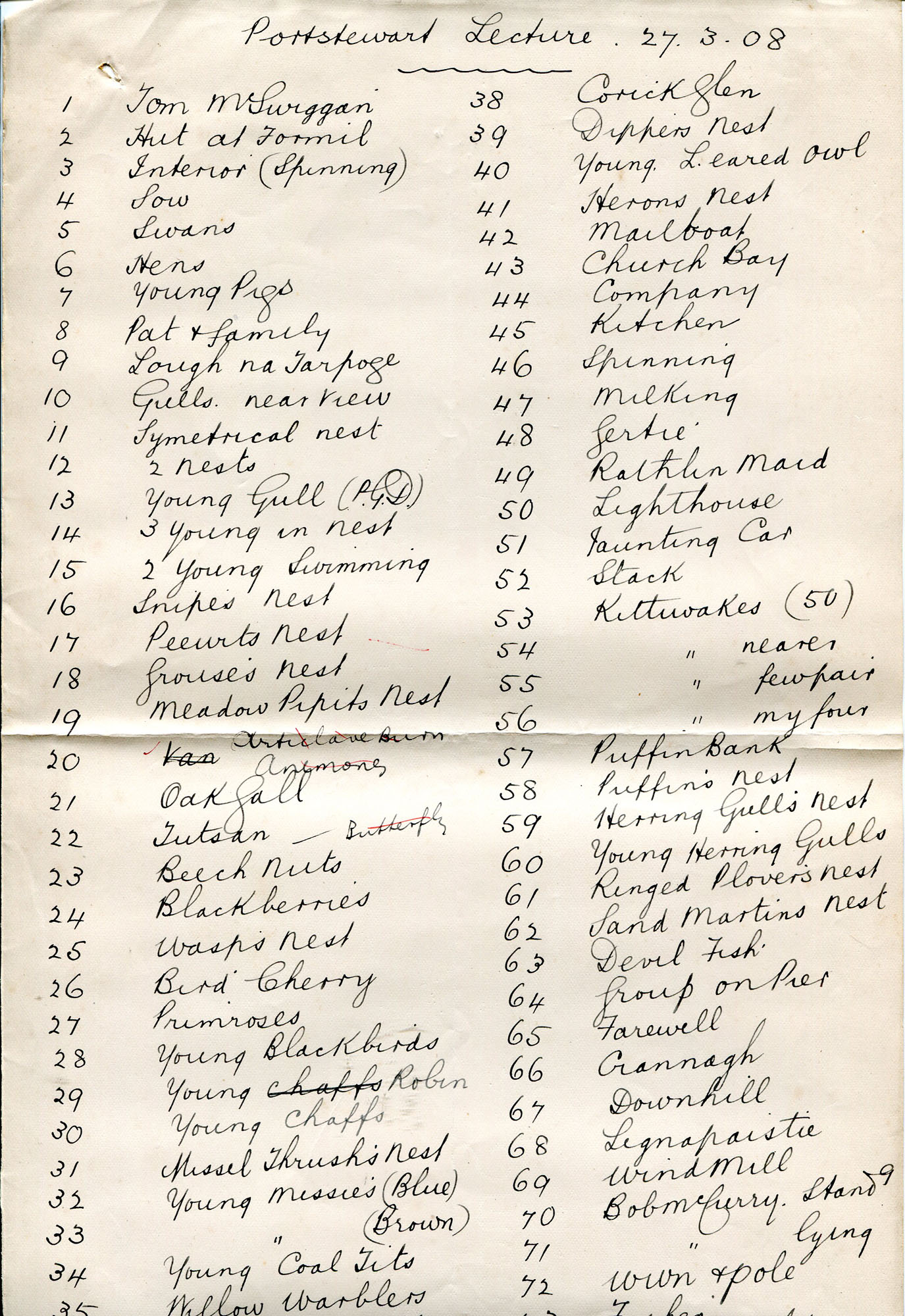 Handwritten list of slides for Portstewart Lecture on 27th March 1908 ...