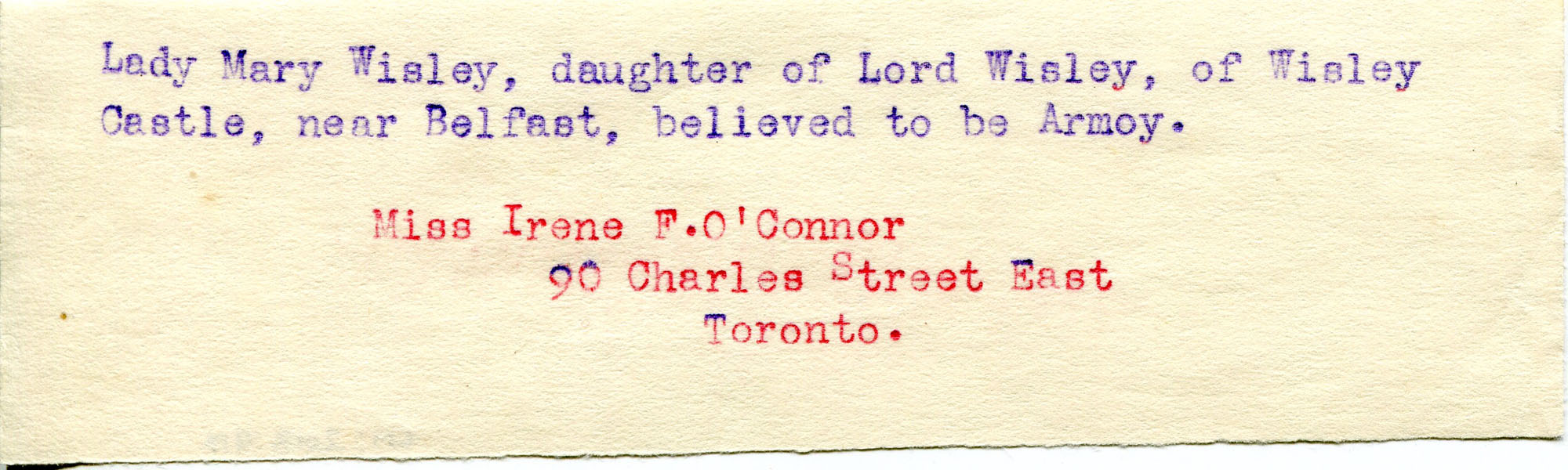 Typed note on strip of paper re Lady Mary Wisley, Wisley Castle ...