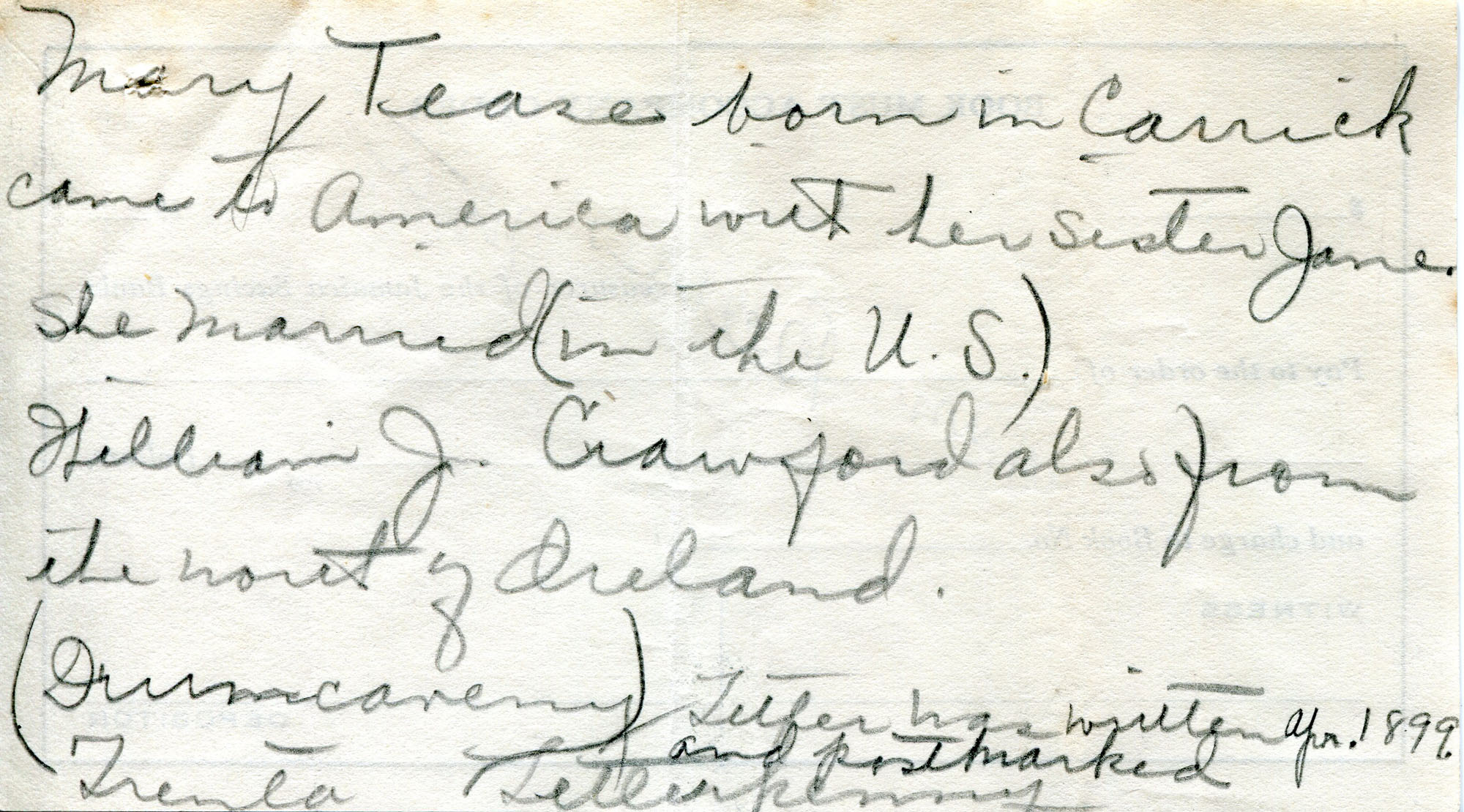 Handwritten note in pencil on the back of a blank America payment slip ...