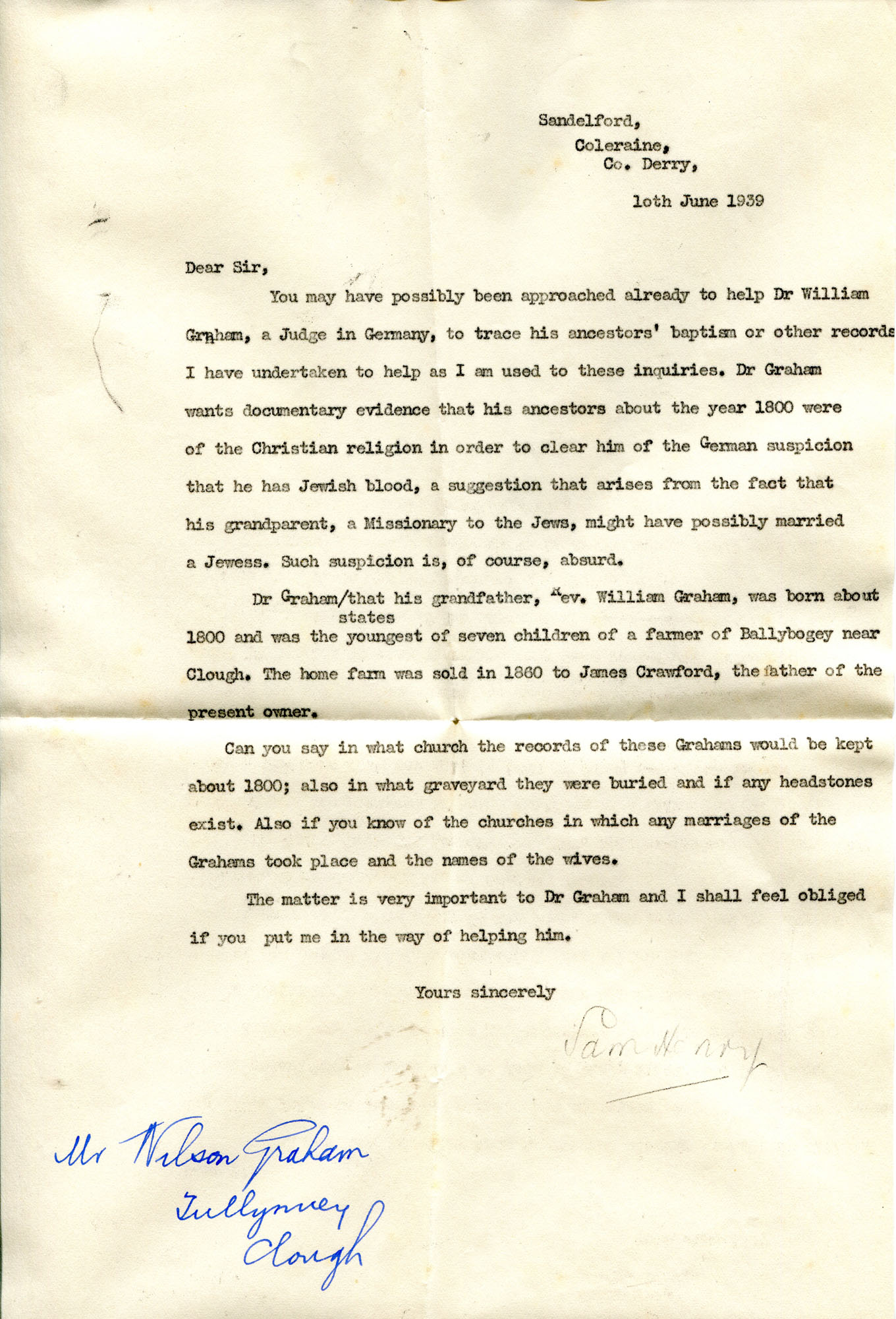 Copy of a typed letter to Mr Wilson Graham, Clough from Sam Henry. Re ...