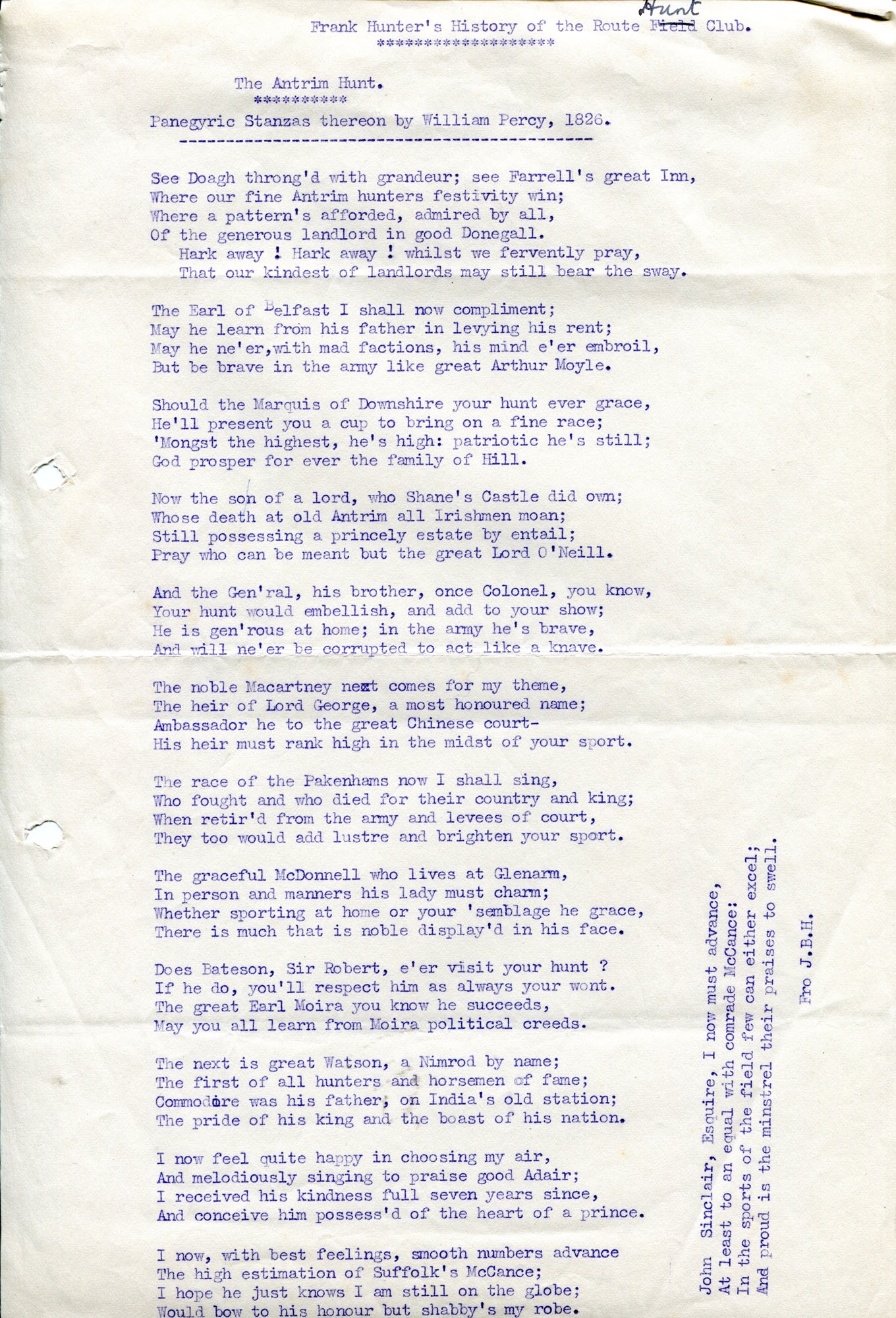 Page 1 of 3. Typed words to poem ‘The Antrim Hunt’ – panegyric stanzas ...