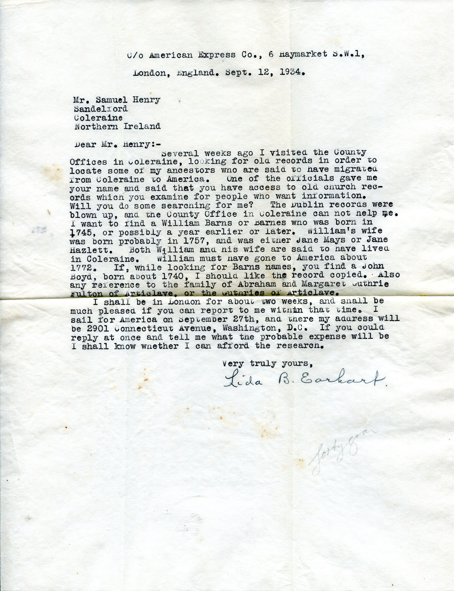 Typed letter to Sam Henry from Lida B. Earhart. Writing to Sam to carry ...