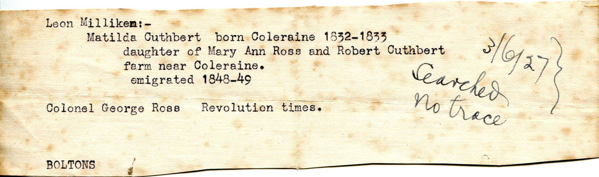 Typed note on strip of paper re Matilda Cuthbert of Coleraine, daughter ...