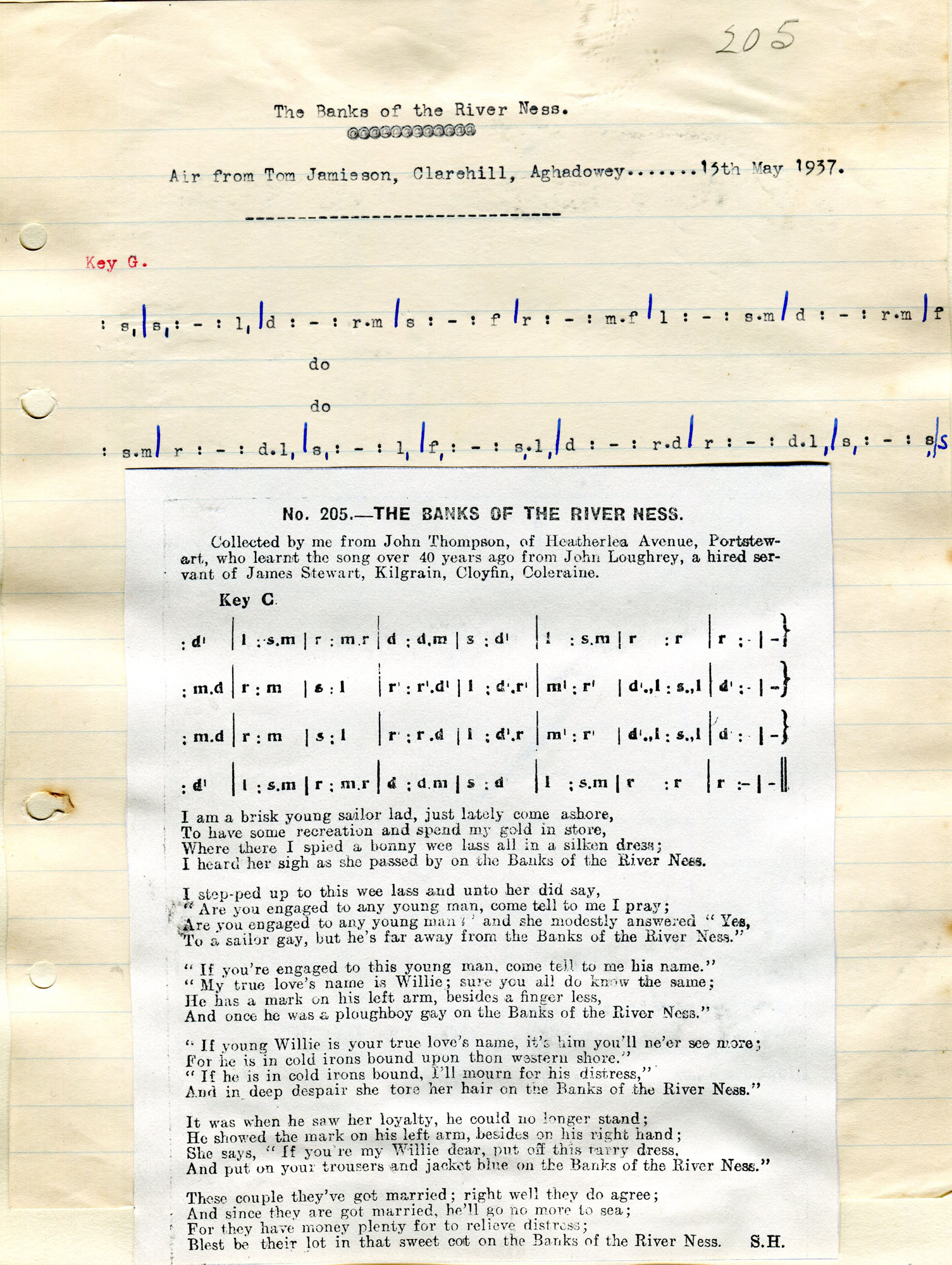 Typed tonic sol-fa notation on lined paper and photocopy of a Songs of ...
