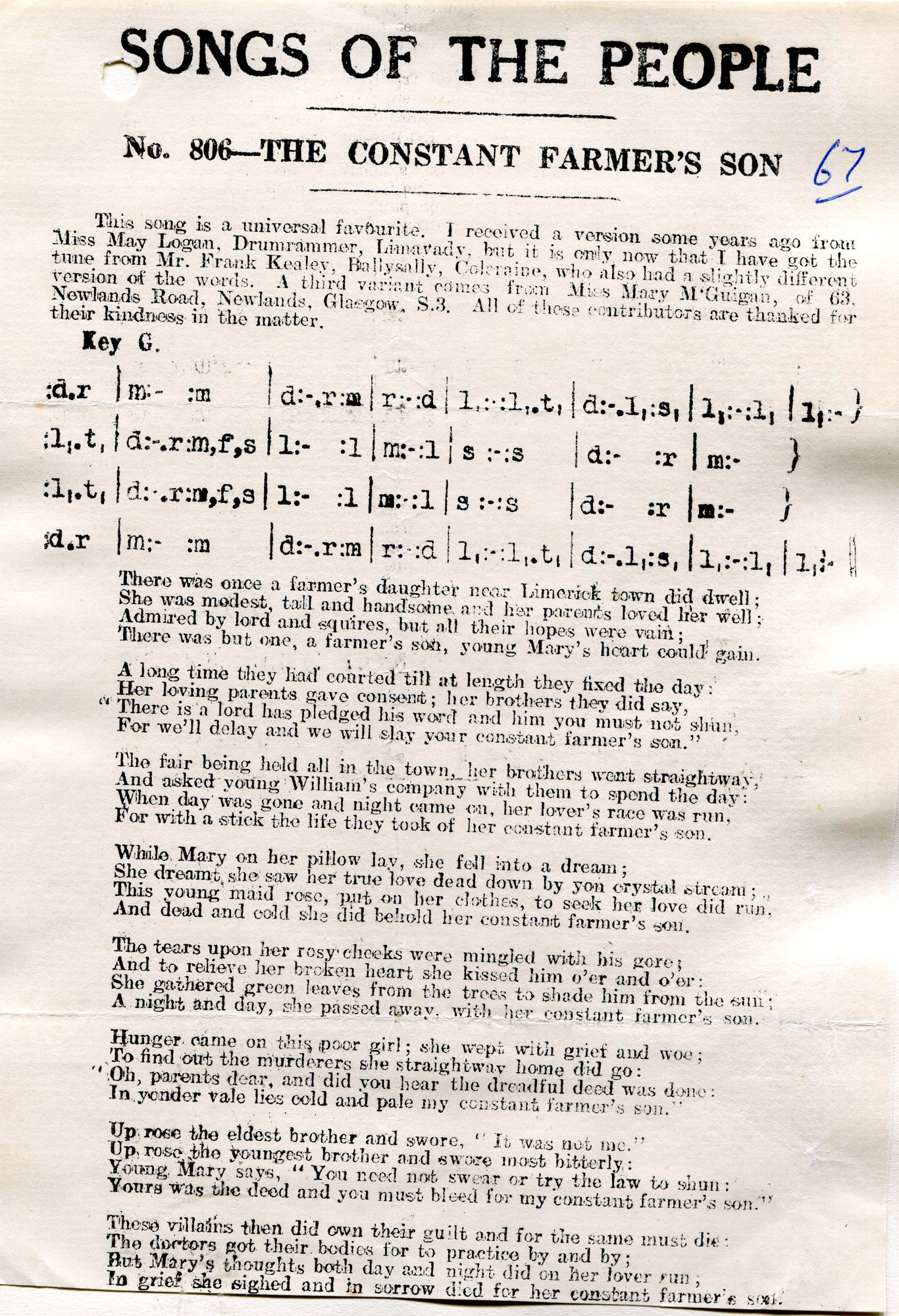 Songs of the People article of a tonic sol-fa notation and words to ...